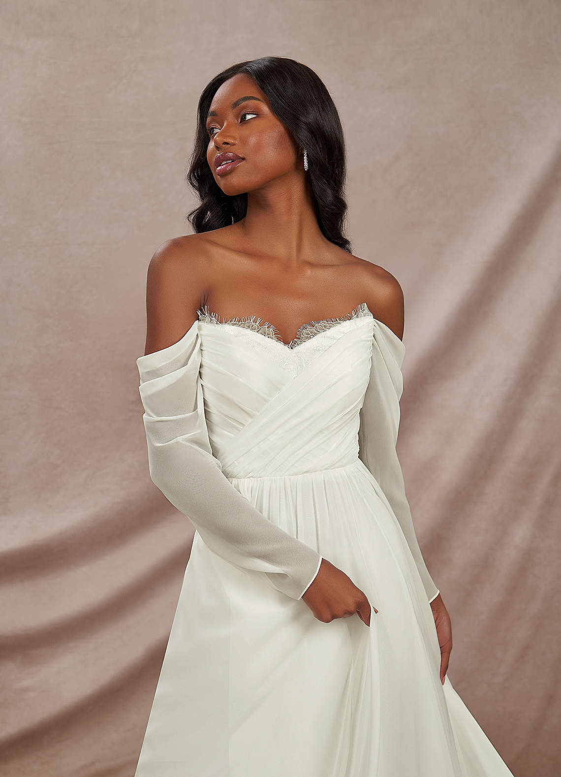 Cream Azazie Lilith A-Line Sweetheart lace Chiffon Chapel Train Dress ...