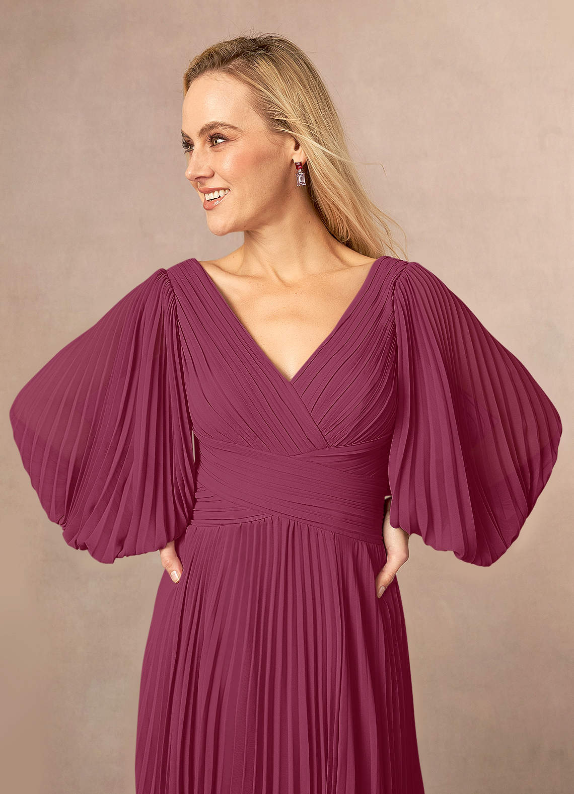 Mulberry Azazie Zahara A-Line V-Neck Pleated Chiffon Floor-Length Dress ...