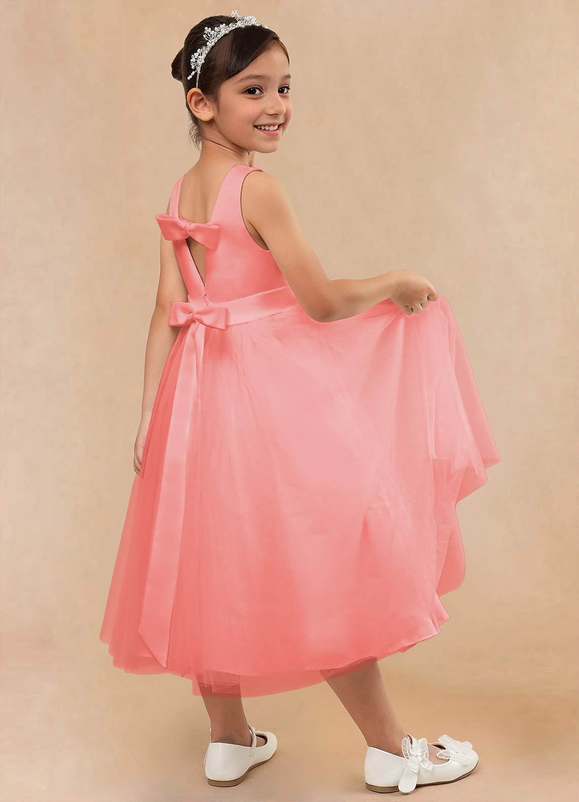 Coral Azazie Marlee Coral A-Line Pleated Matte Satin Dress | Azazie