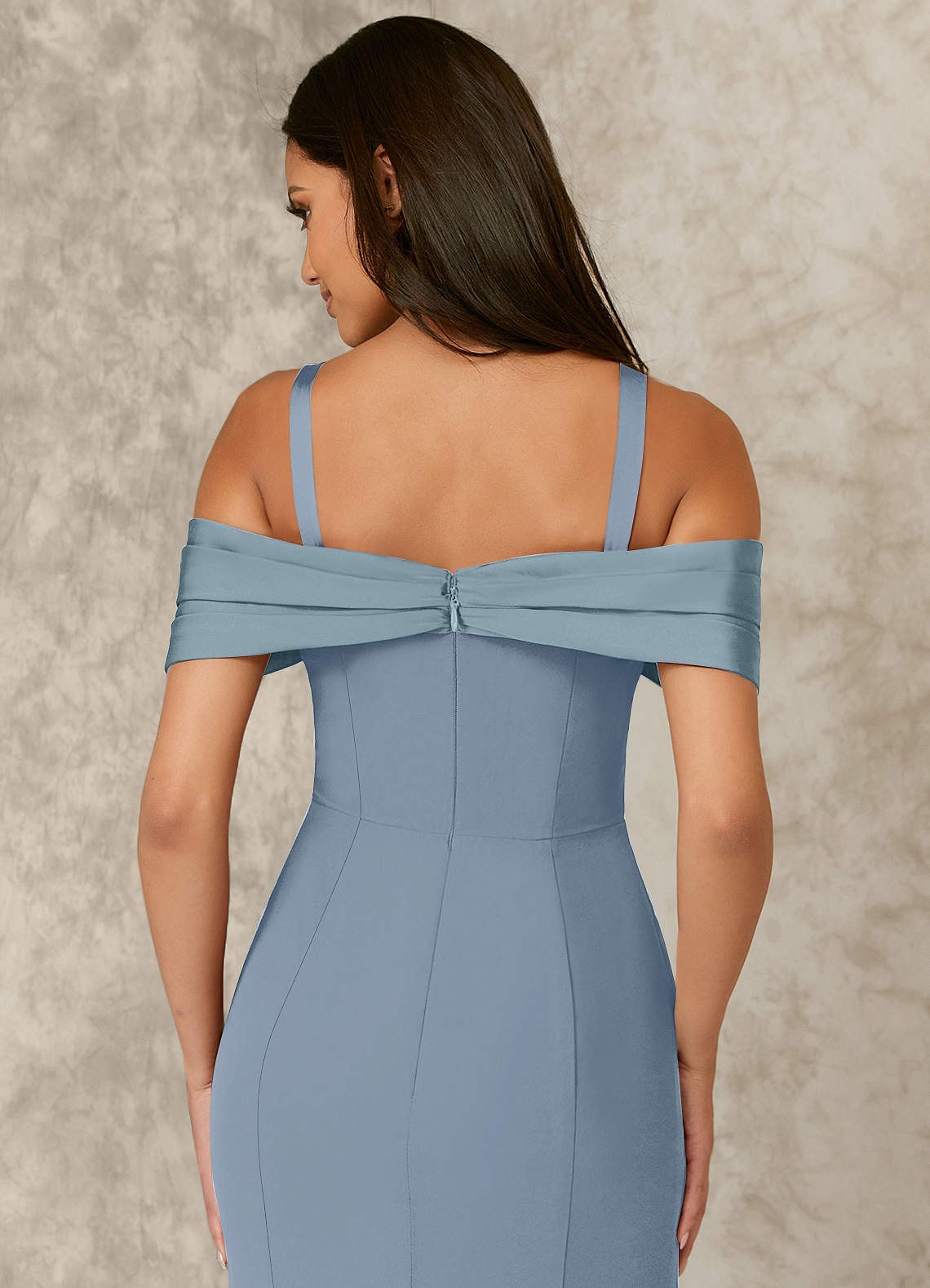 Dusty Blue Off Shoulder Stretch Satin and Chiffon Sheath Dress ...