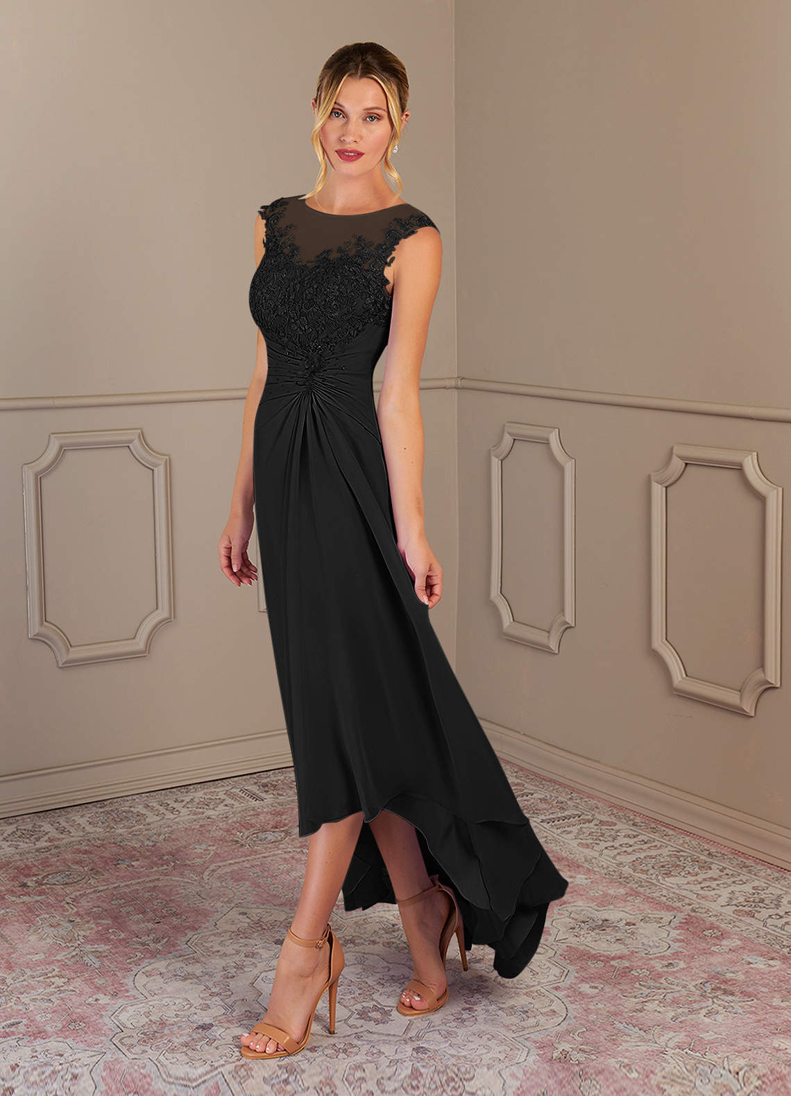 Black Azazie Endora A-Line Scoop Lace Chiffon Asymmetrical Dress | Azazie