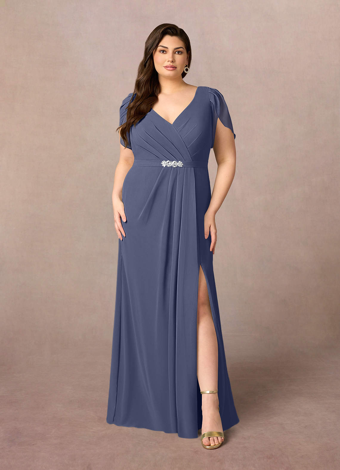 Stormy Azazie Marianne Stormy Sheath V-Neck Pleated Chiffon Dress | Azazie