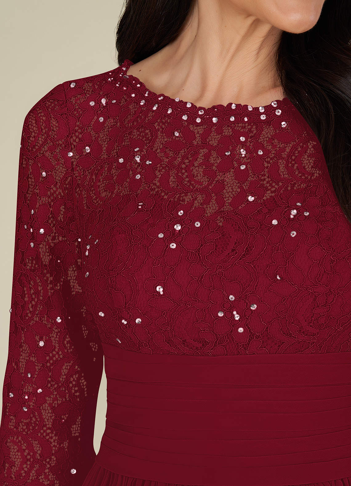 Azazie Olga Burgundy A-Line Lace Chiffon Dress | Azazie