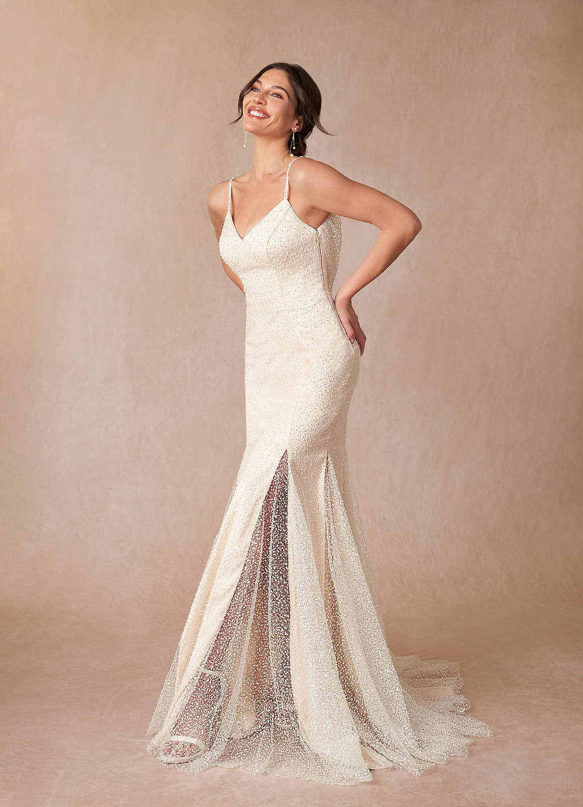 Azazie Eris Diamond White White Alabaster Mermaid V-Neck Beading Dress ...
