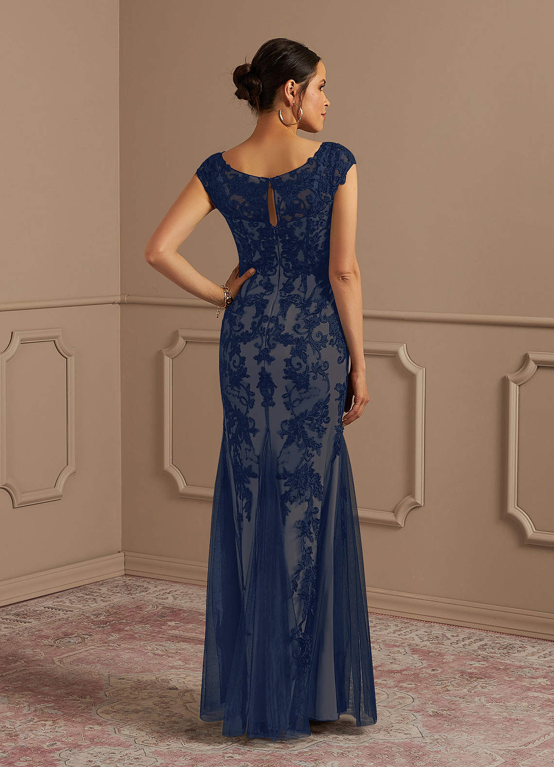 Azazie Melena Dark Navy Champagne Mermaid Lace Tulle Dress | Azazie