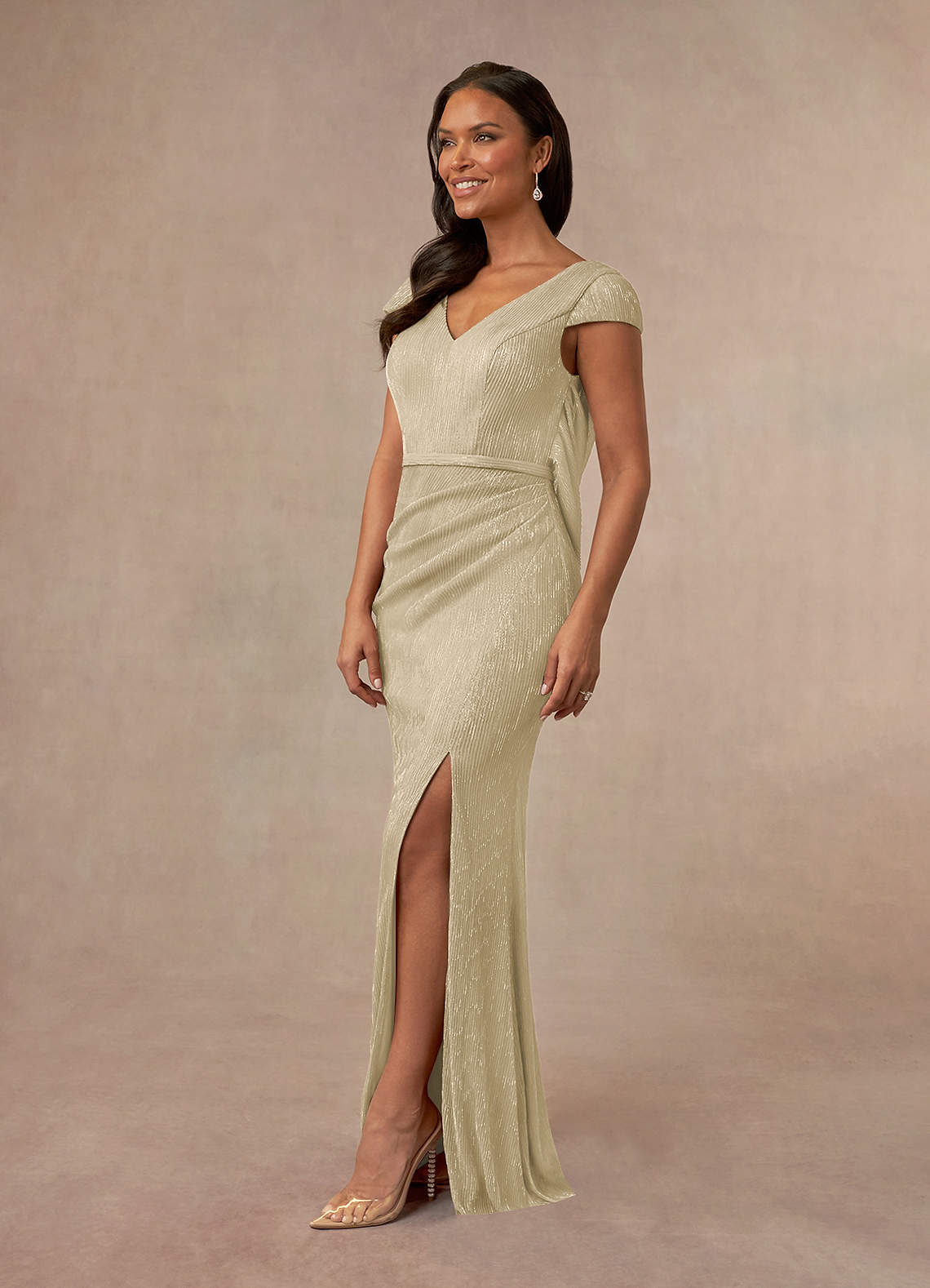 Azazie Galilea Champagne Gold Mermaid V-Neck Metallic Mesh Dress | Azazie