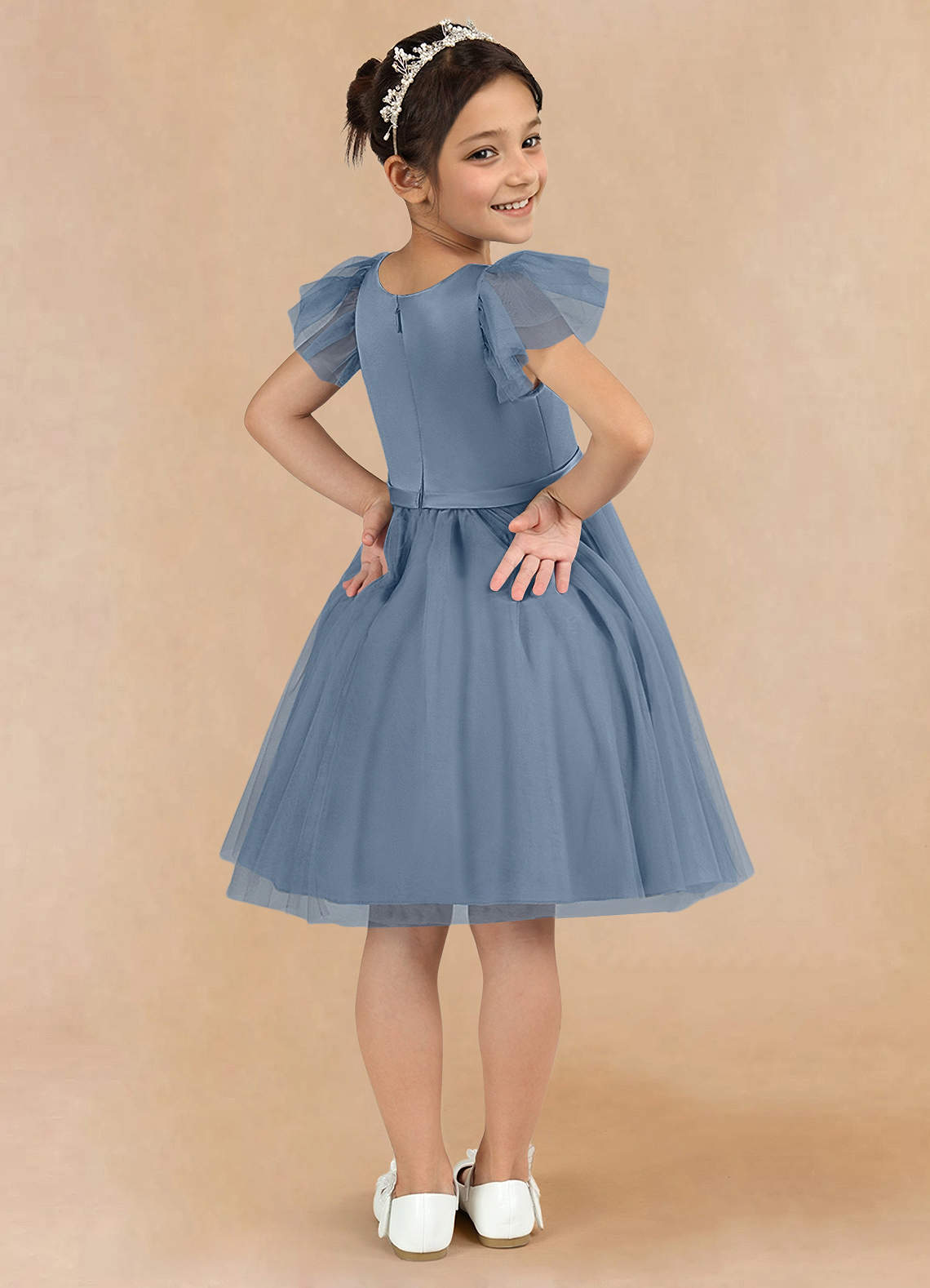 Dusty Blue Azazie Midna A-Line Tulle Knee-Length Dress with Sleeves ...