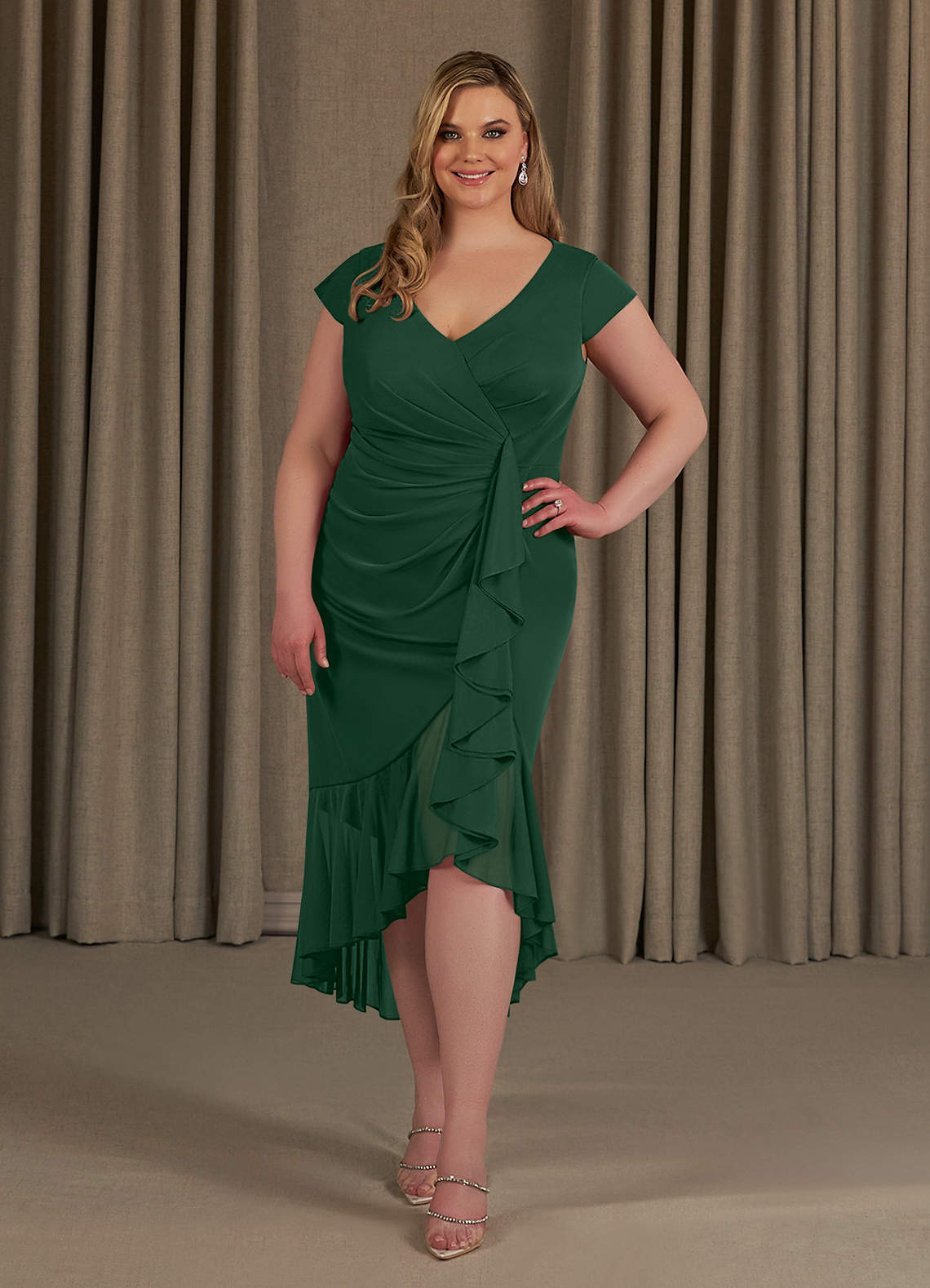 Dark Green Azazie Renetta Sheath V Neck Pleated Mesh Asymmetrical Dress
