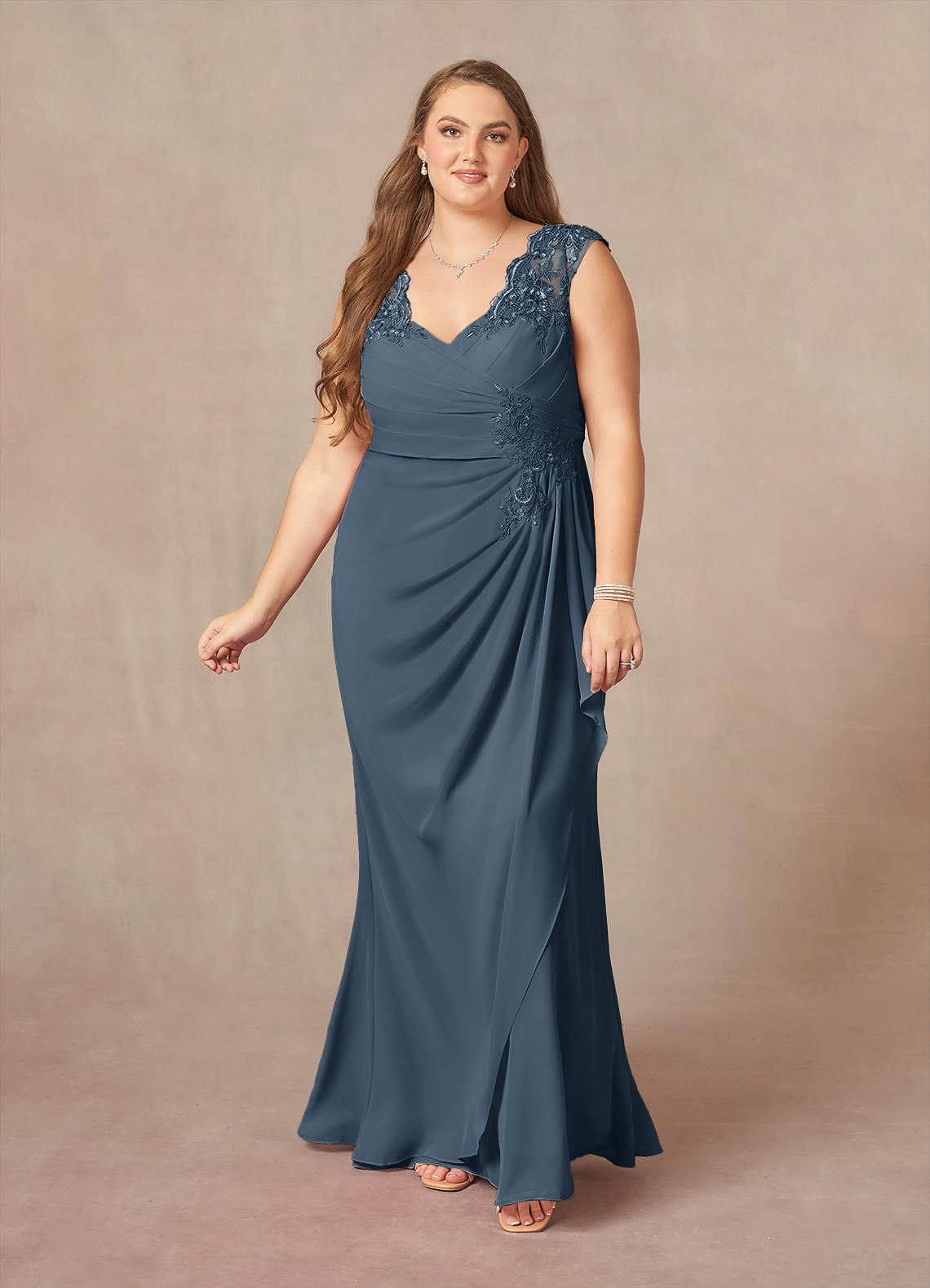 Azazie Gladys Neptune A-Line Queen Anne Lace Chiffon Dress | Azazie