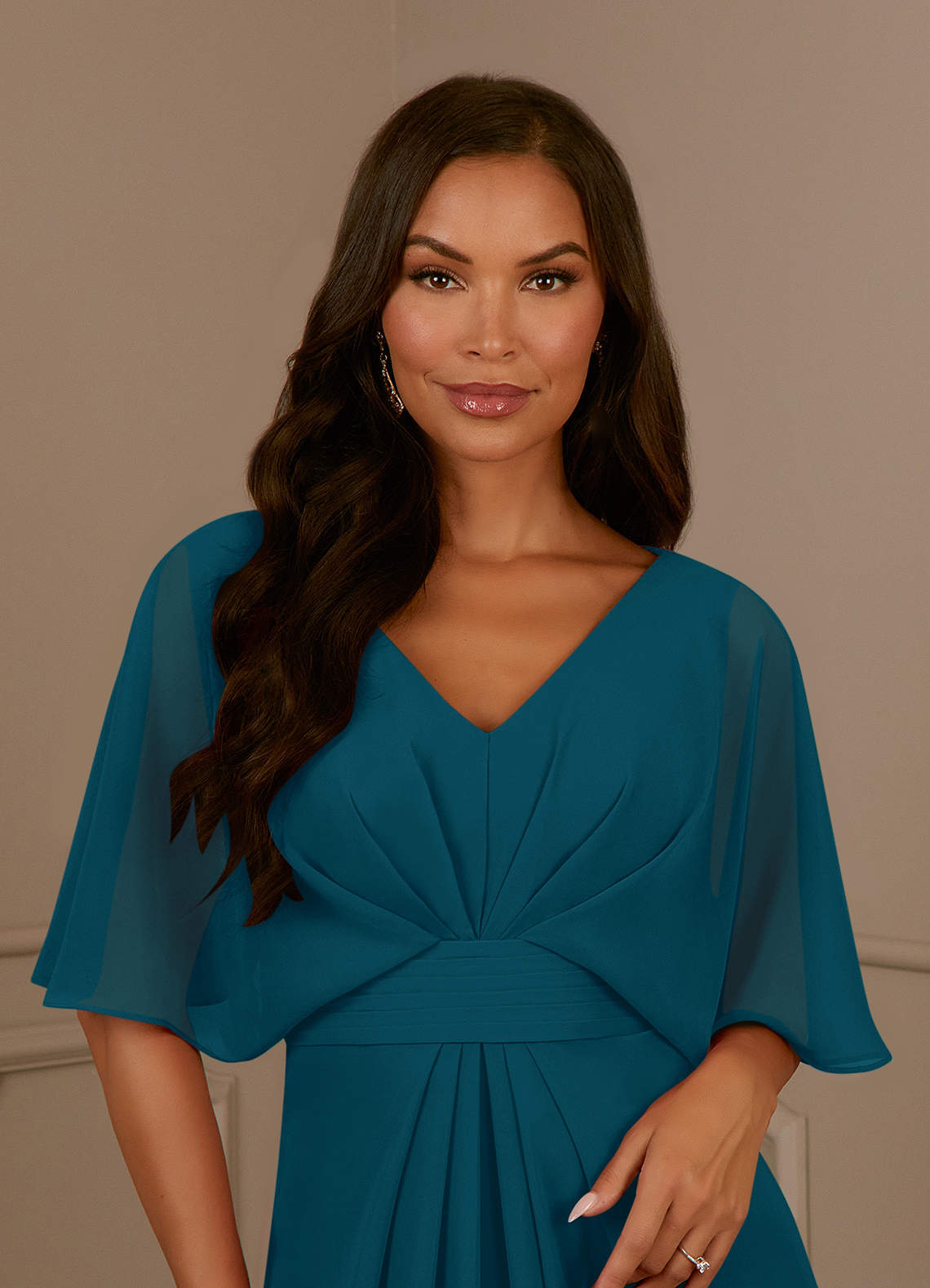 Azazie Oksana Ink Blue A-Line V-Neck Pleated Chiffon Dress | Azazie