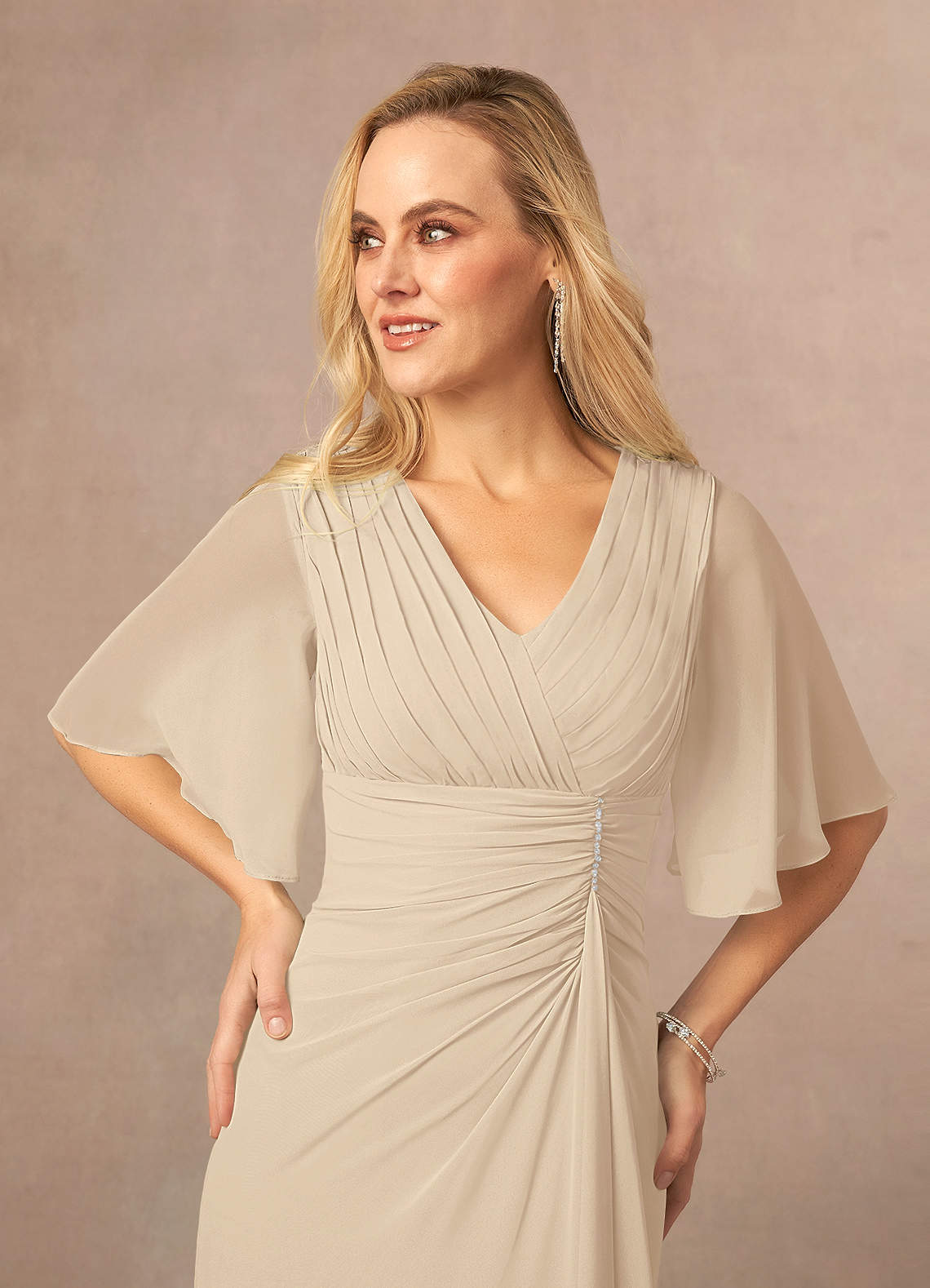 Azazie Carson Champagne A-Line V-Neck Lace Chiffon Dress | Azazie