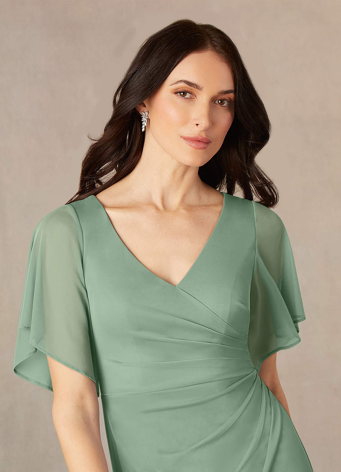 Matcha Azazie Selah A Line V Neck Ruched Mesh Floor Length Dress Azazie