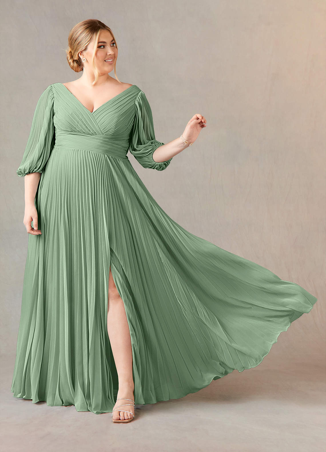 Azazie Zahara Matcha A-Line V-Neck Pleated Chiffon Dress | Azazie