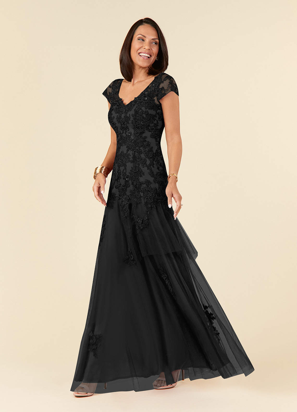 Black Azazie Romy Mermaid V-Neck Sequins Tulle Floor-Length Dress | Azazie