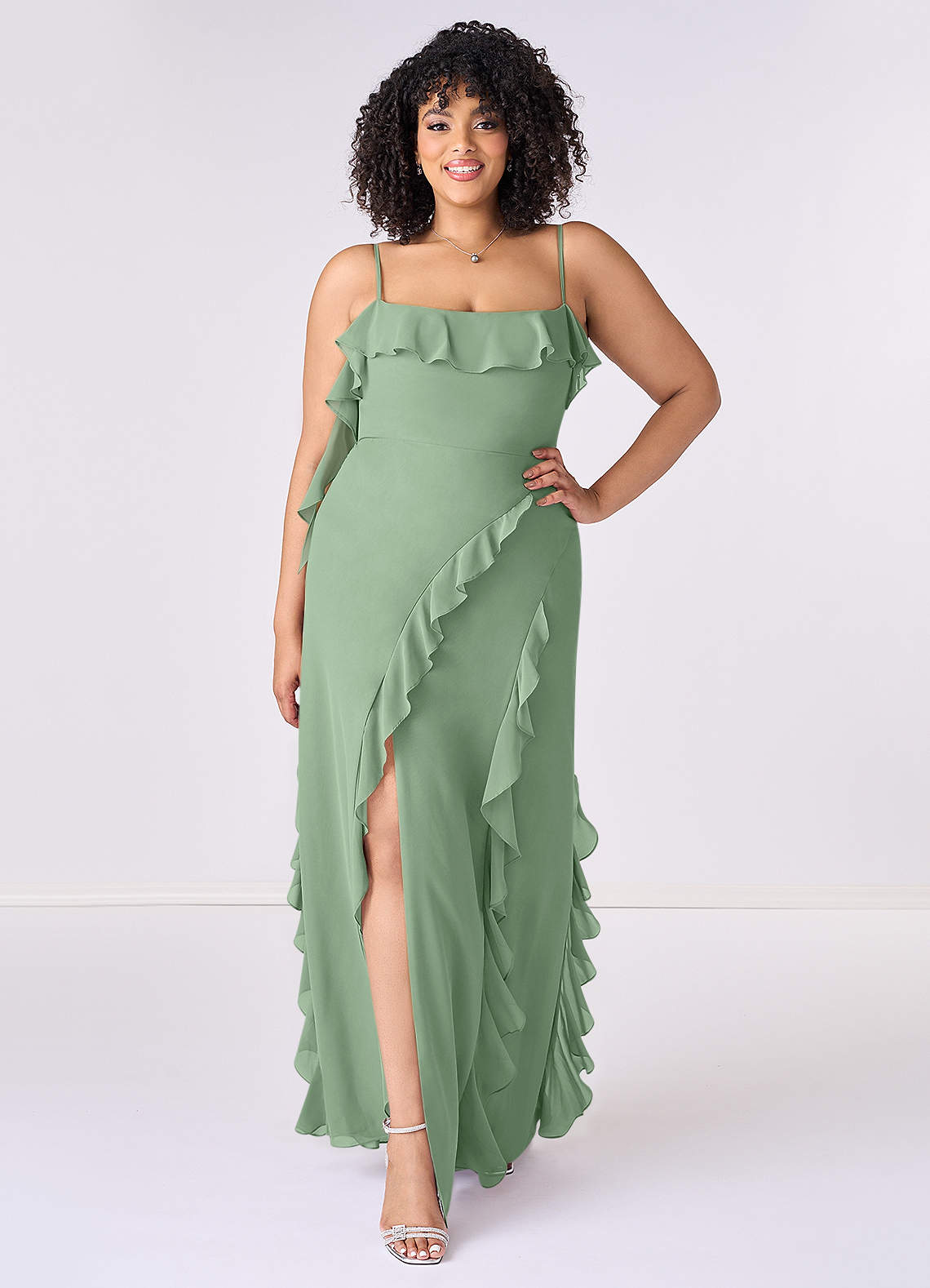 Matcha Chiffon Ruffle Column Dress with Leg Slit Bridesmaid Dresses ...