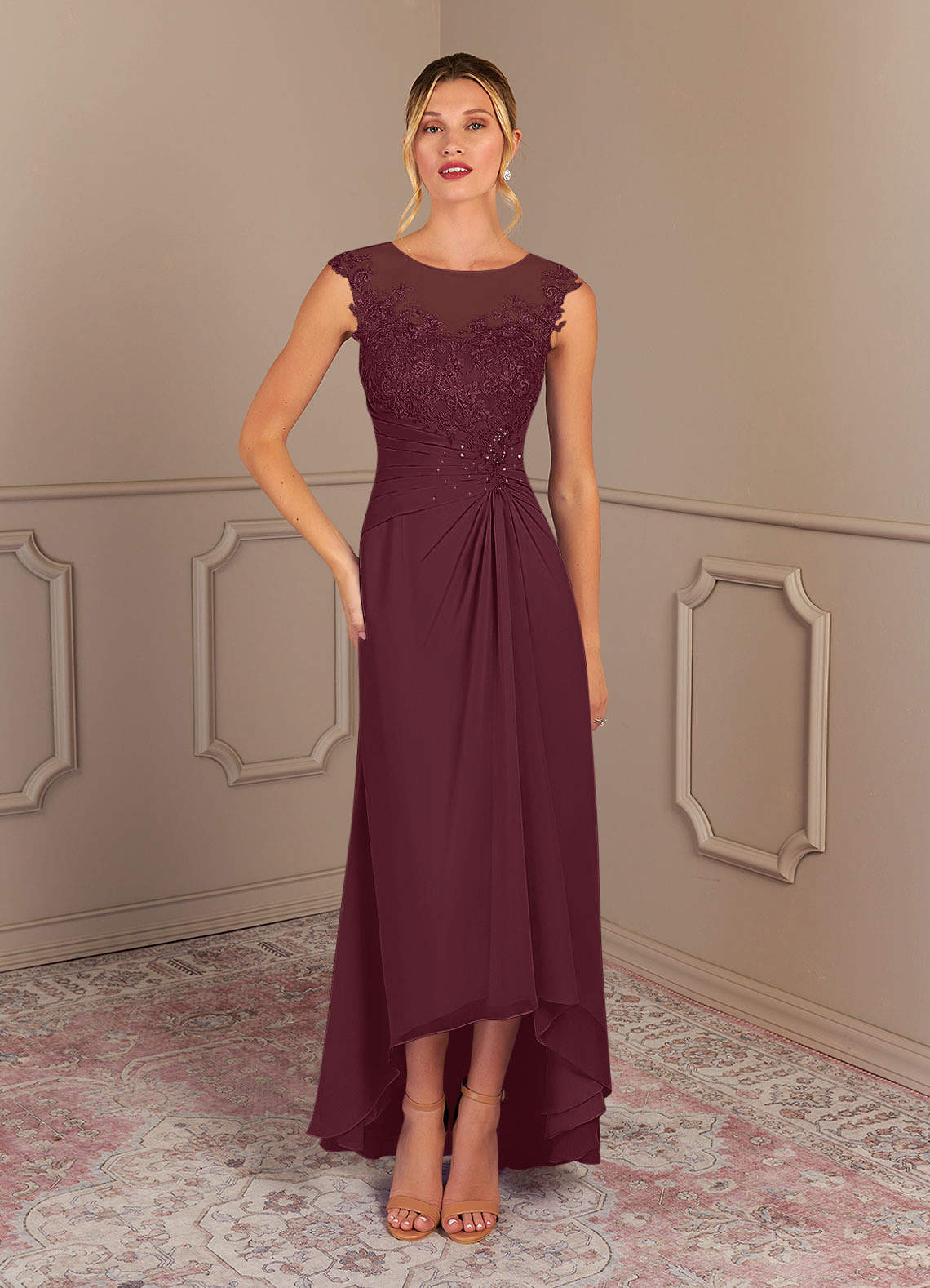 Cabernet Azazie Endora A-Line Scoop Lace Chiffon Asymmetrical Dress ...