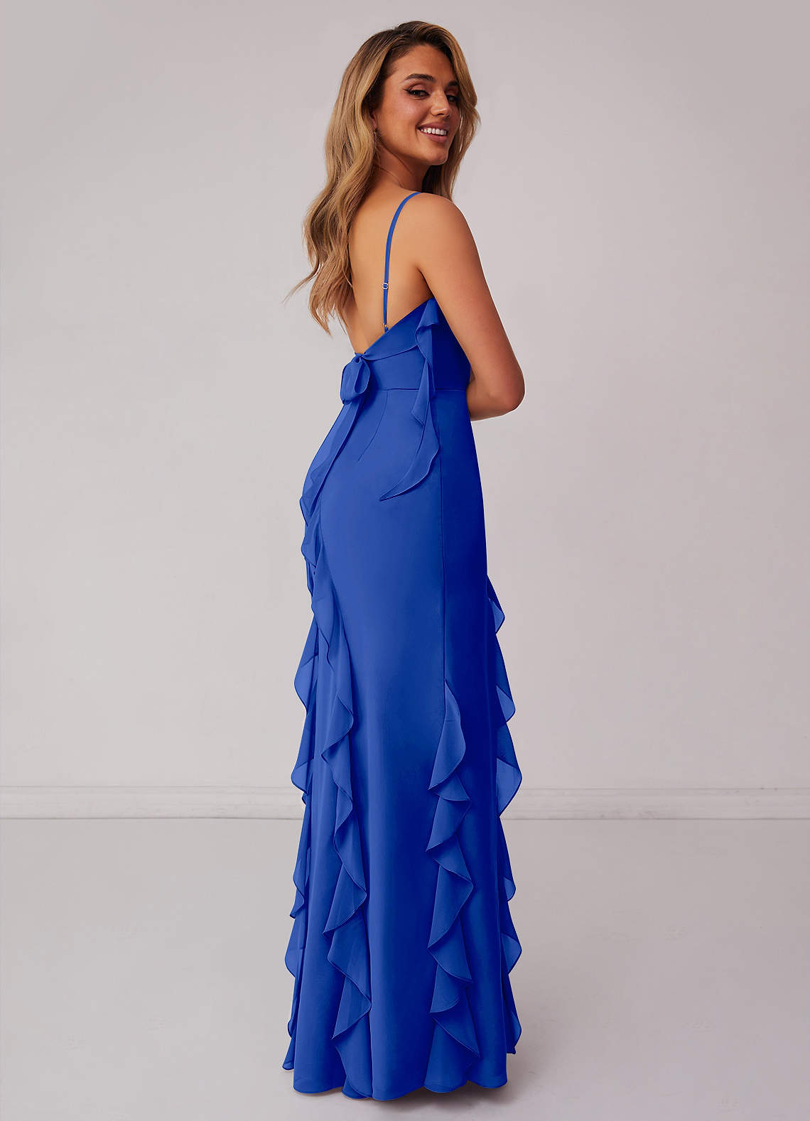 Royal Blue Chiffon Ruffle Column Dress with Leg Slit Bridesmaid Dresses ...