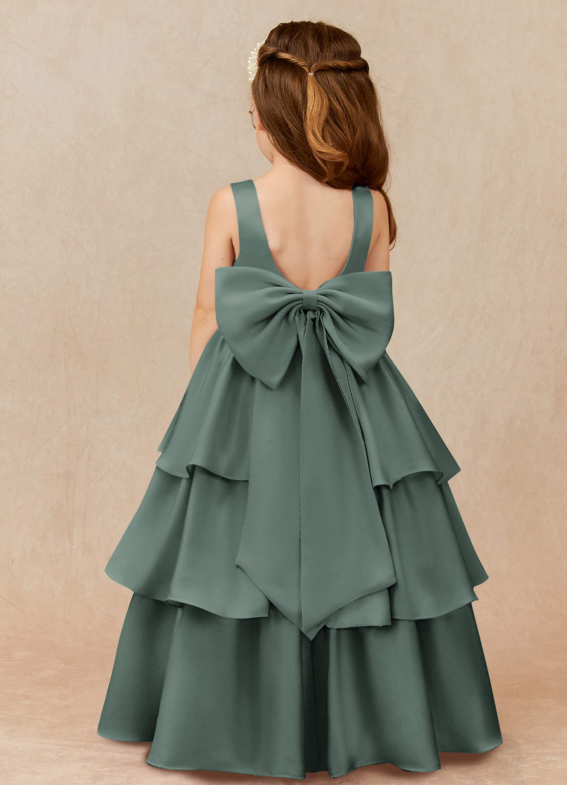 Azazie Margie Eucalyptus A-Line Bow Stretch Satin Dress | Azazie