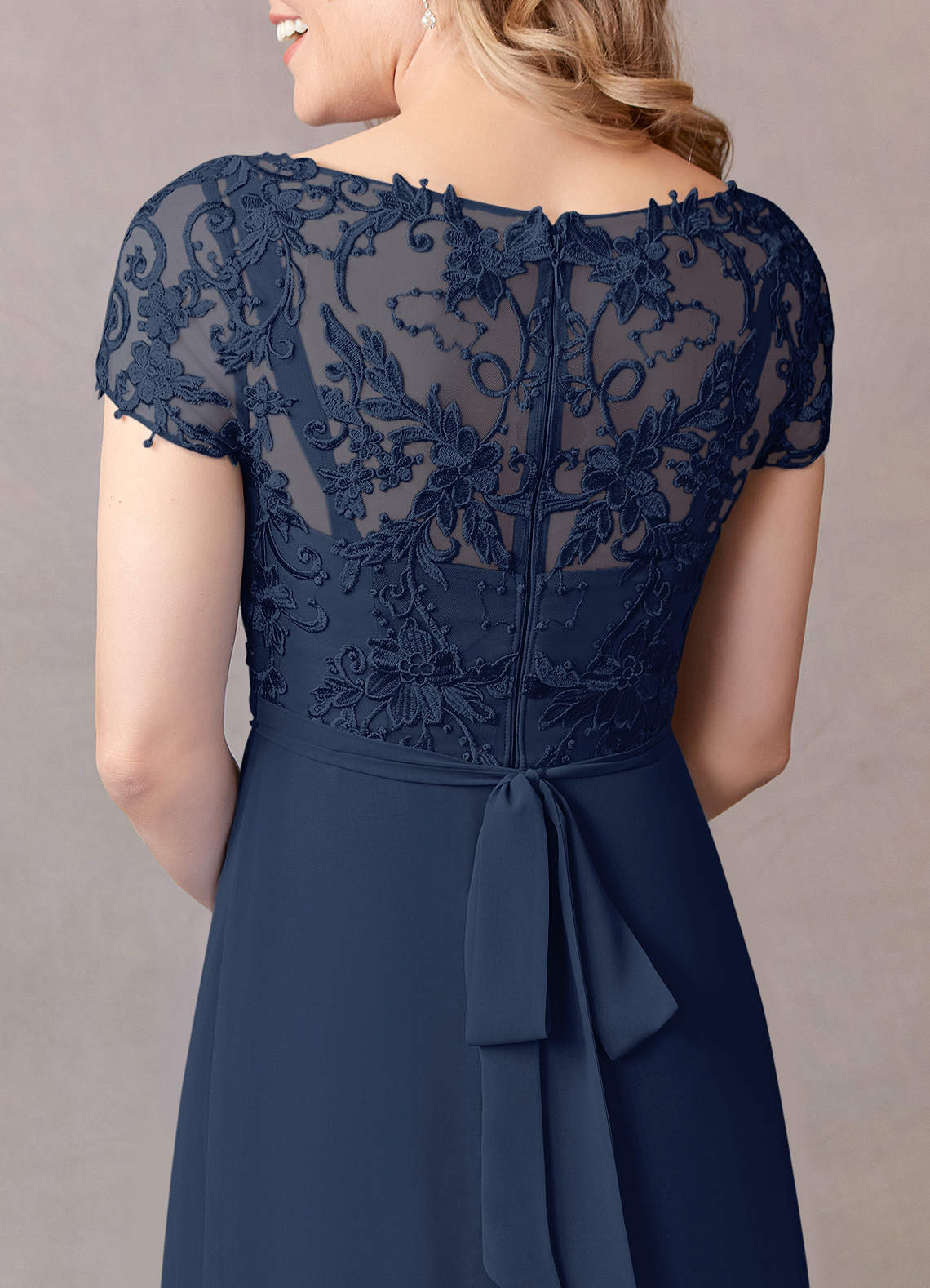 Dark Navy Azazie Mamie A-Line Lace Chiffon Asymmetrical Dress | Azazie