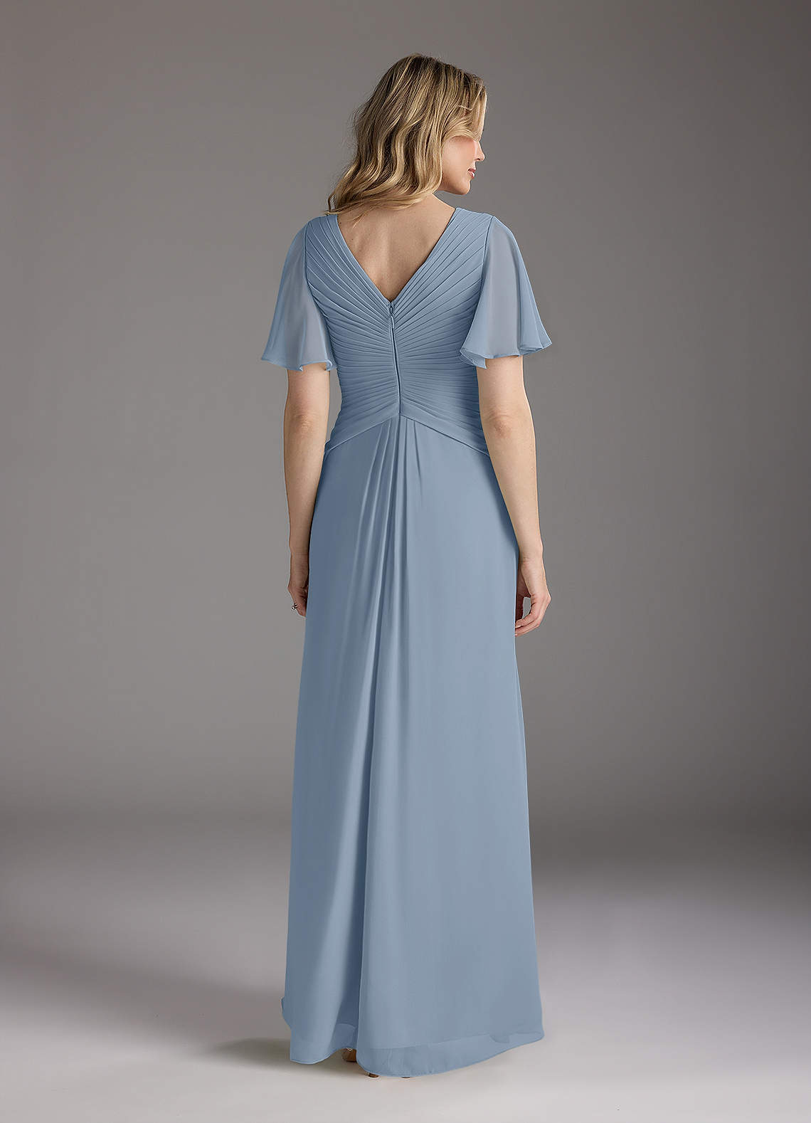 Azazie Morning Glory Dusty Blue A-Line V-Neck Ruched Chiffon Dress | Azazie
