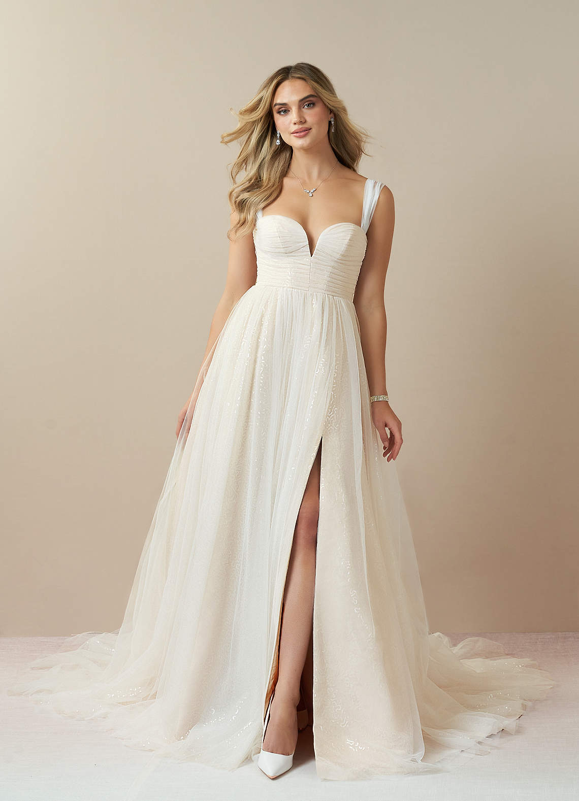 Diamond White/Champagne Azazie Maia A-Line Off the Shoulder Tulle ...