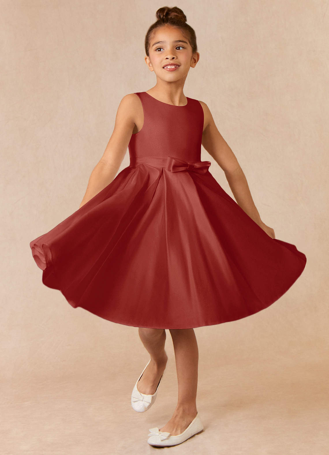 Terracotta Azazie Coco A-Line Bow Matte Satin Knee-Length Dress | Azazie
