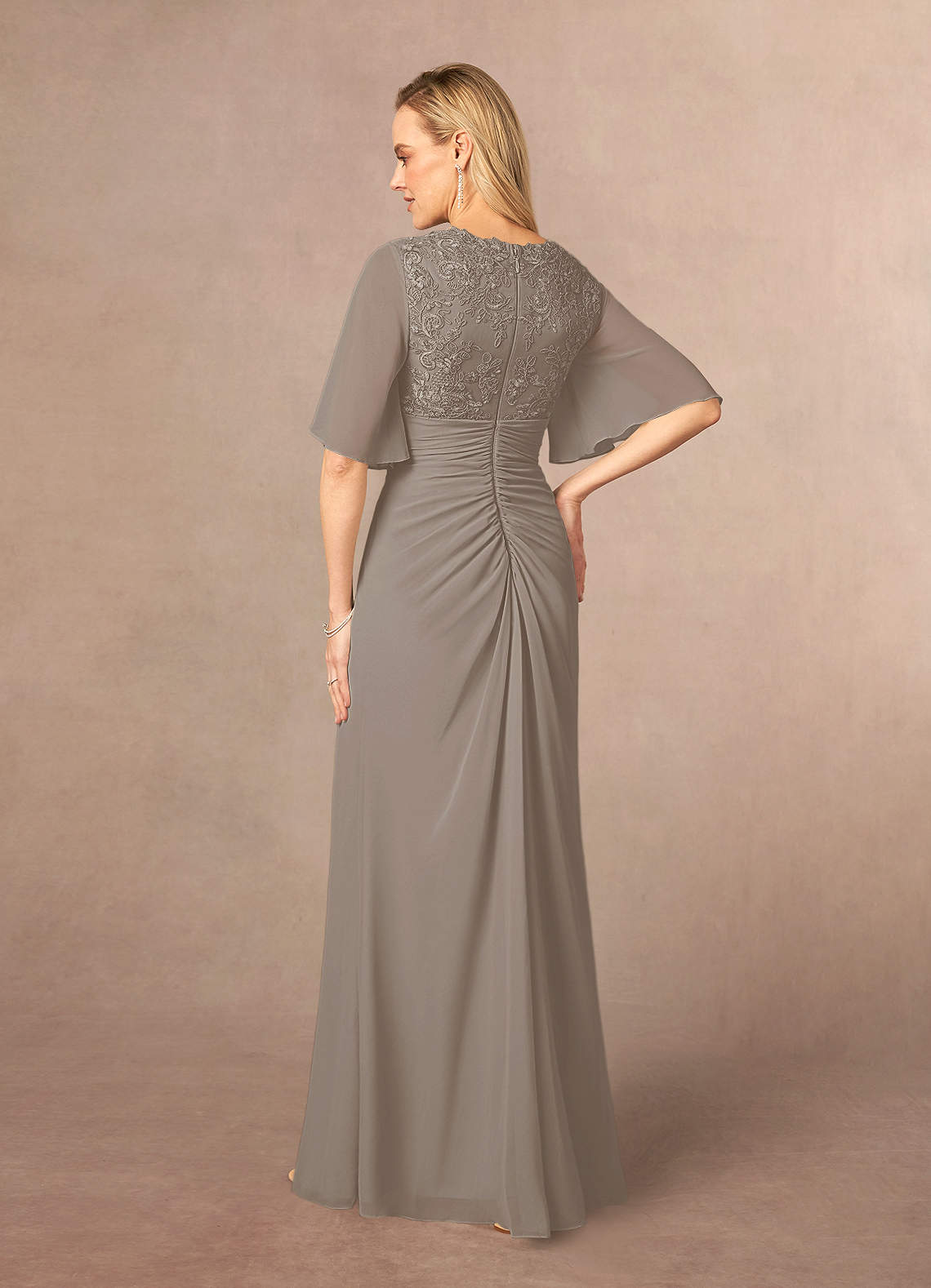 Azazie Carson Taupe A Line V Neck Lace Chiffon Dress Azazie