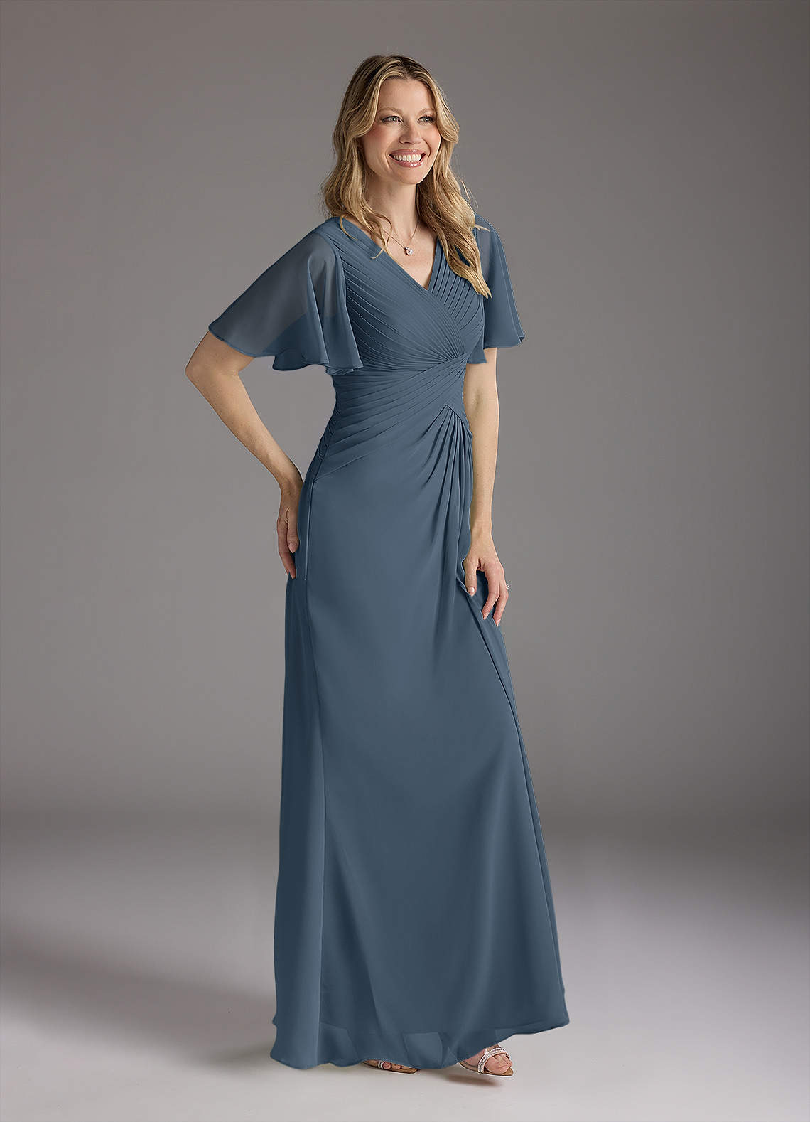 Azazie Morning Glory Neptune A-Line V-Neck Ruched Chiffon Dress | Azazie