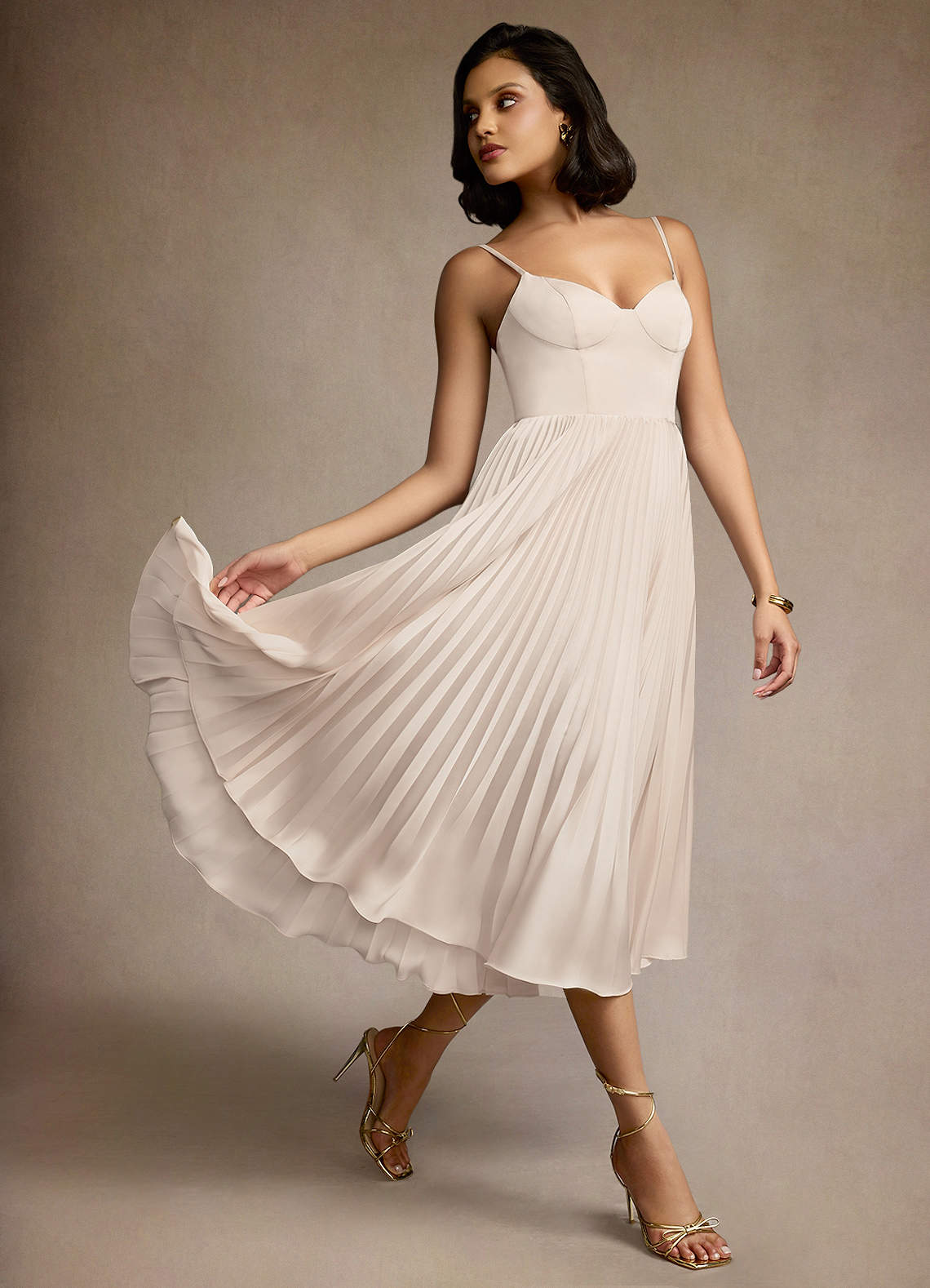 Emma Cream Pleated Midi Dress | Azazie