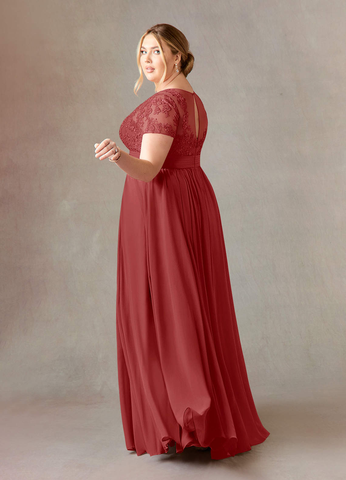 Rust Azazie Annette Rust A-Line Lace Chiffon Dress | Azazie