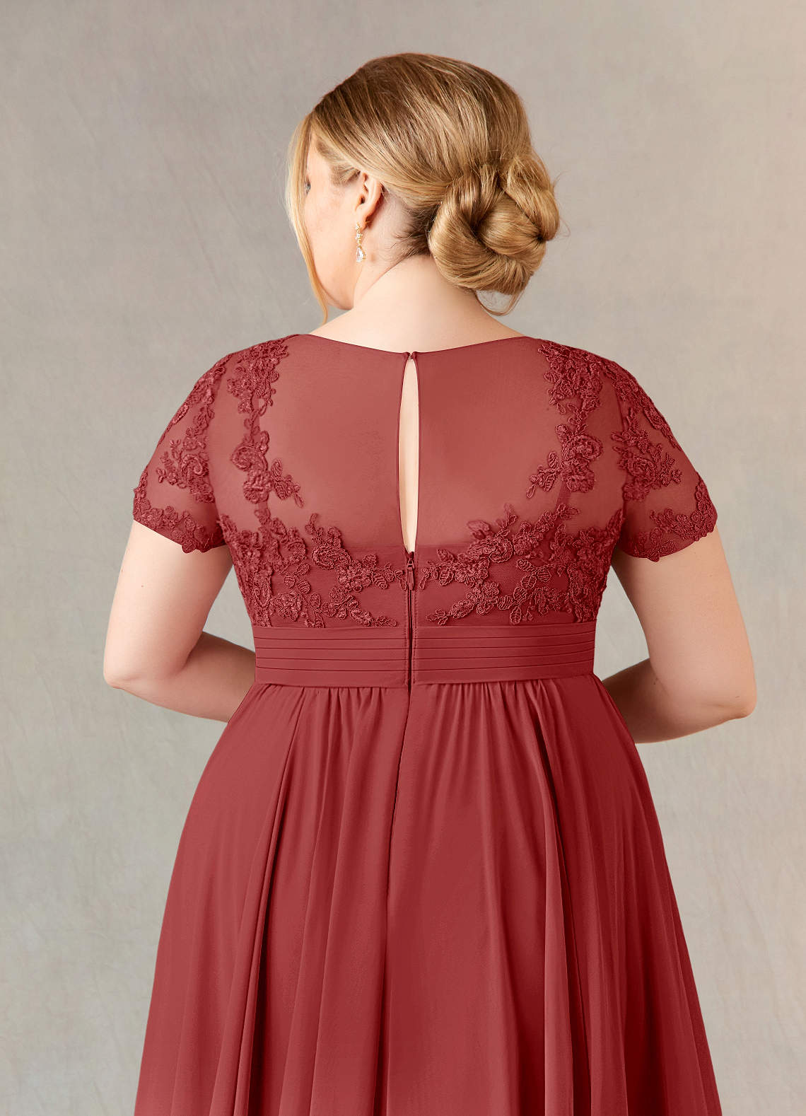 Rust Azazie Annette Rust A-Line Lace Chiffon Dress | Azazie