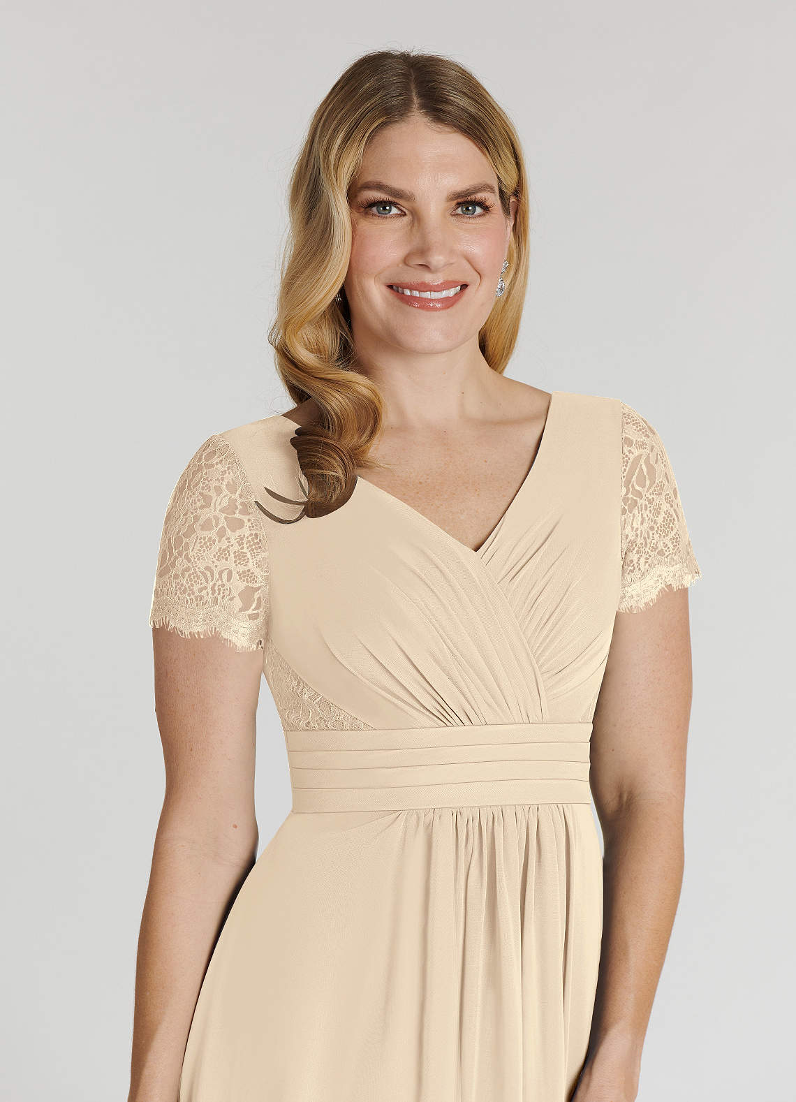 Champagne Azazie Polly A-Line Lace Chiffon Asymmetrical Dress | Azazie