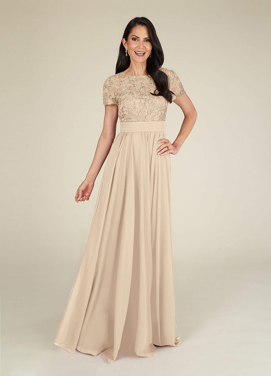 Azazie Annette Champagne A-Line Lace Chiffon Dress | Azazie