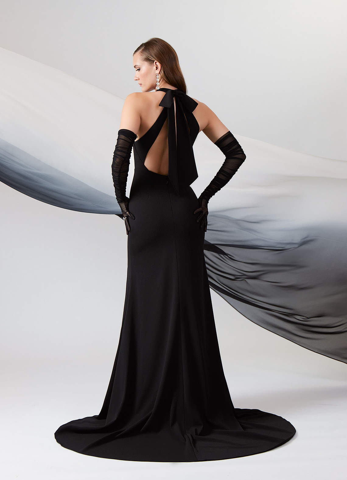 Black Azazie Aerith Sheath Bow Stretch Crepe Chapel Train Dress | Azazie