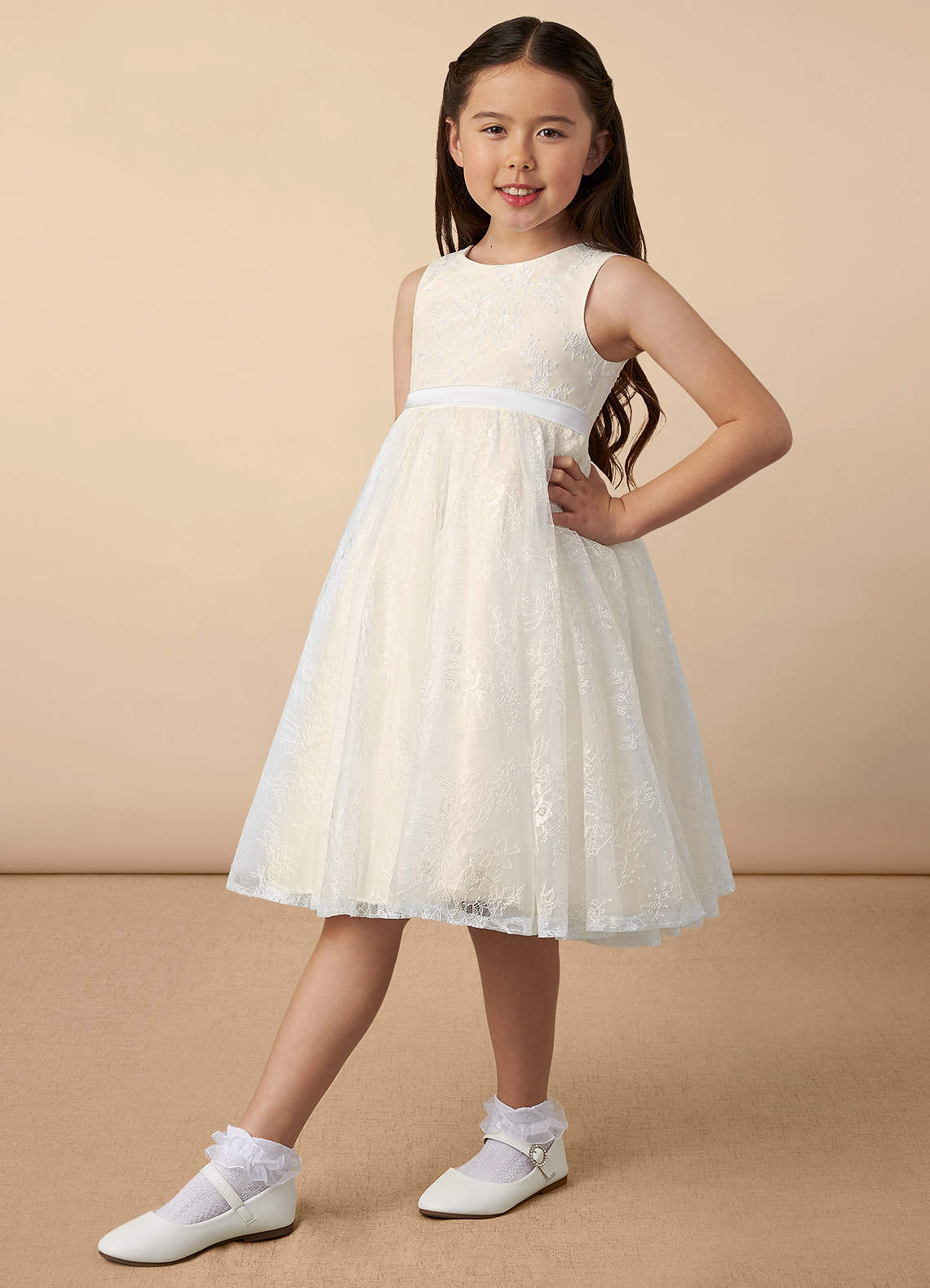 Diamond White/Champagne Azazie Ellie A-Line Lace Tea-Length Dress | Azazie