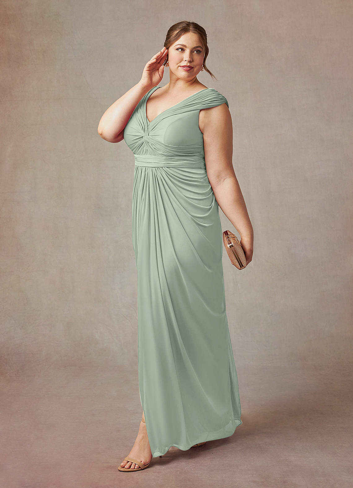 Dusty Sage Azazie Lisolette Sheath Pleated Mesh Floor-Length Dress | Azazie