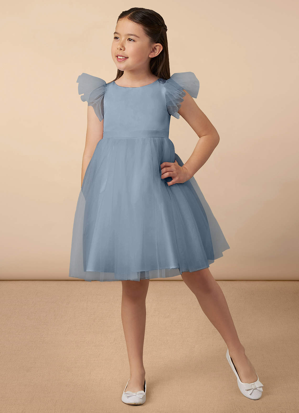 Dusty Blue Azazie Aviana A-Line Tulle Knee-Length Dress with Sleeves ...
