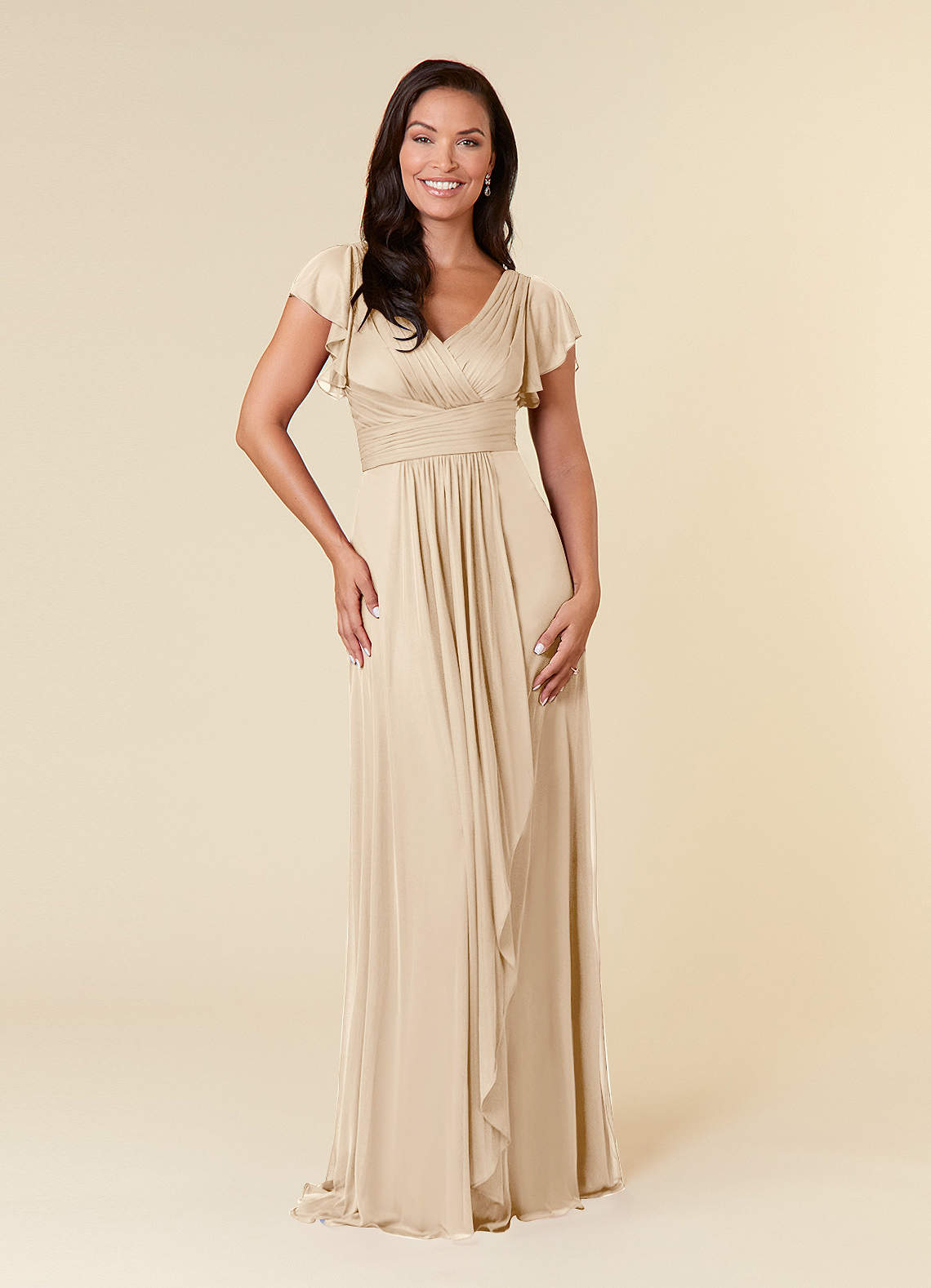 Azazie Reneya Champagne A-Line Pleated Mesh Dress | Azazie