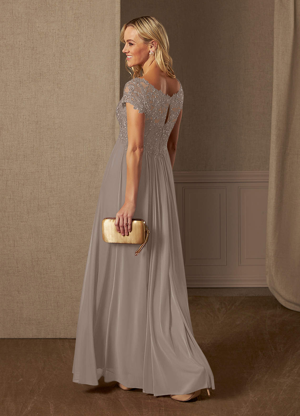 Taupe Azazie Macy A-Line V-Neck Sequin Lace Lace Floor-Length Dress ...