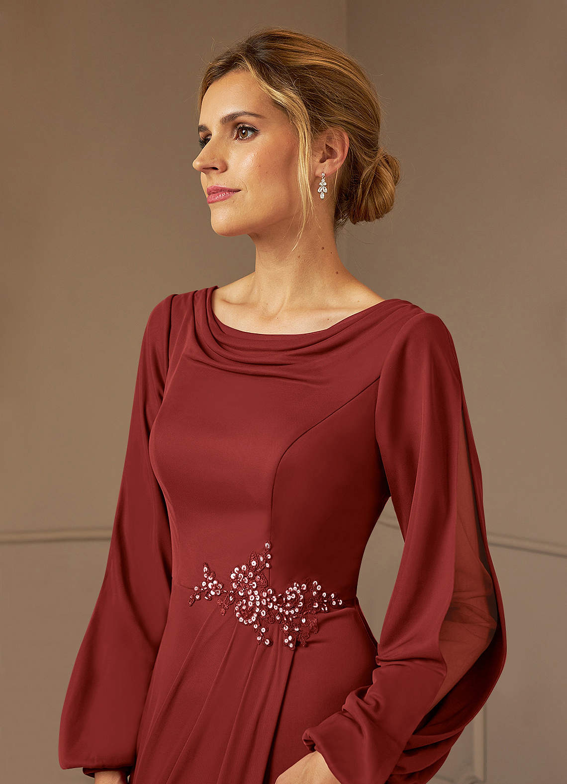 Azazie Satasha Rust A-Line Cowl Neckline Lace Mesh Dress Mother of the ...