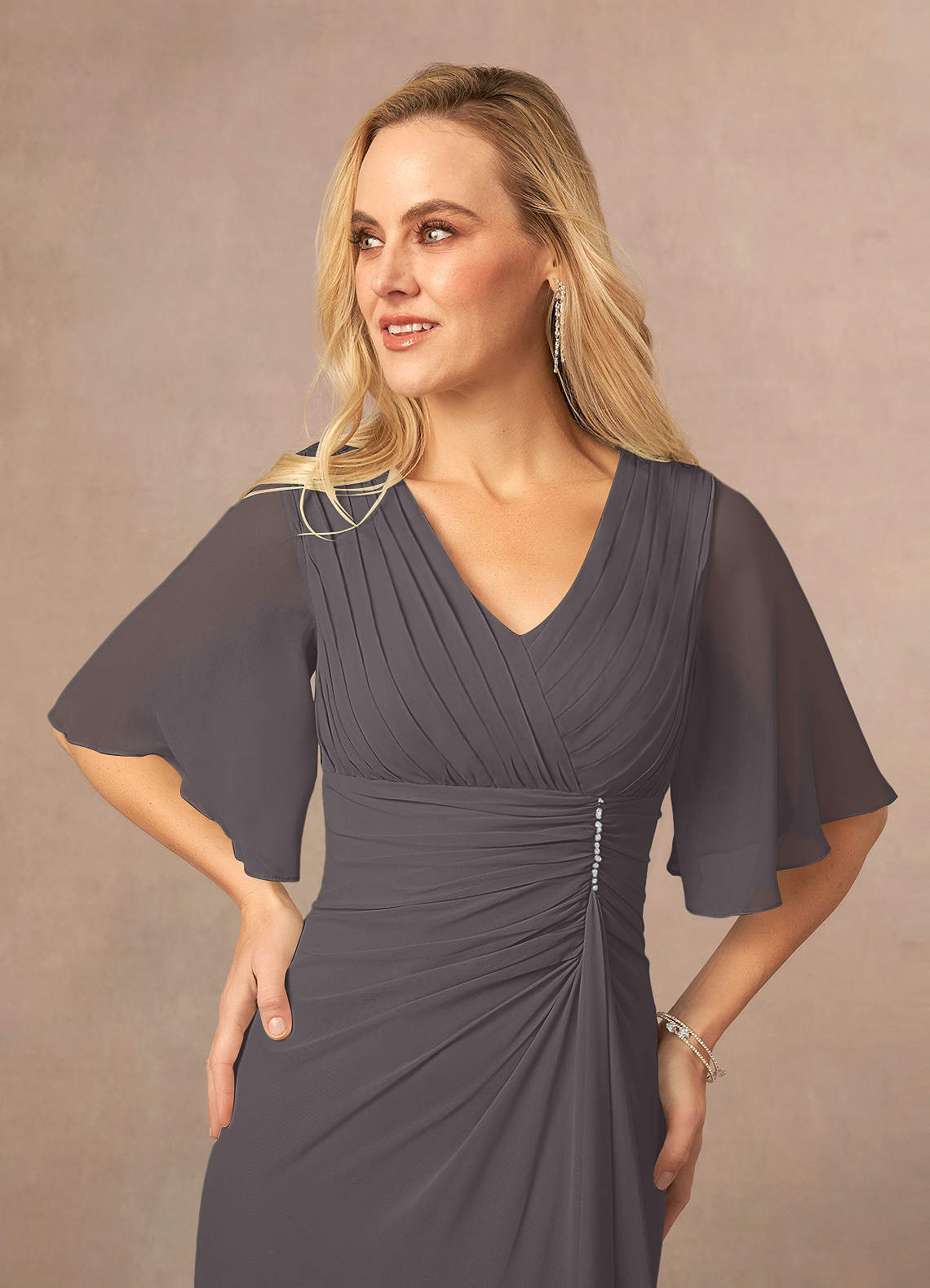 Steel Grey Azazie Carson Steel Grey A-Line V-Neck Lace Chiffon Dress ...