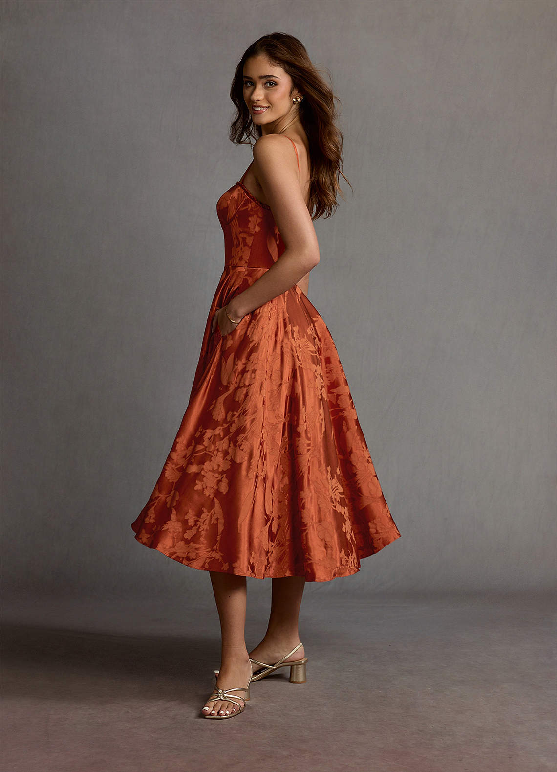 Annalisa Rust Pleated Midi Dress Atelier Dresses | Azazie