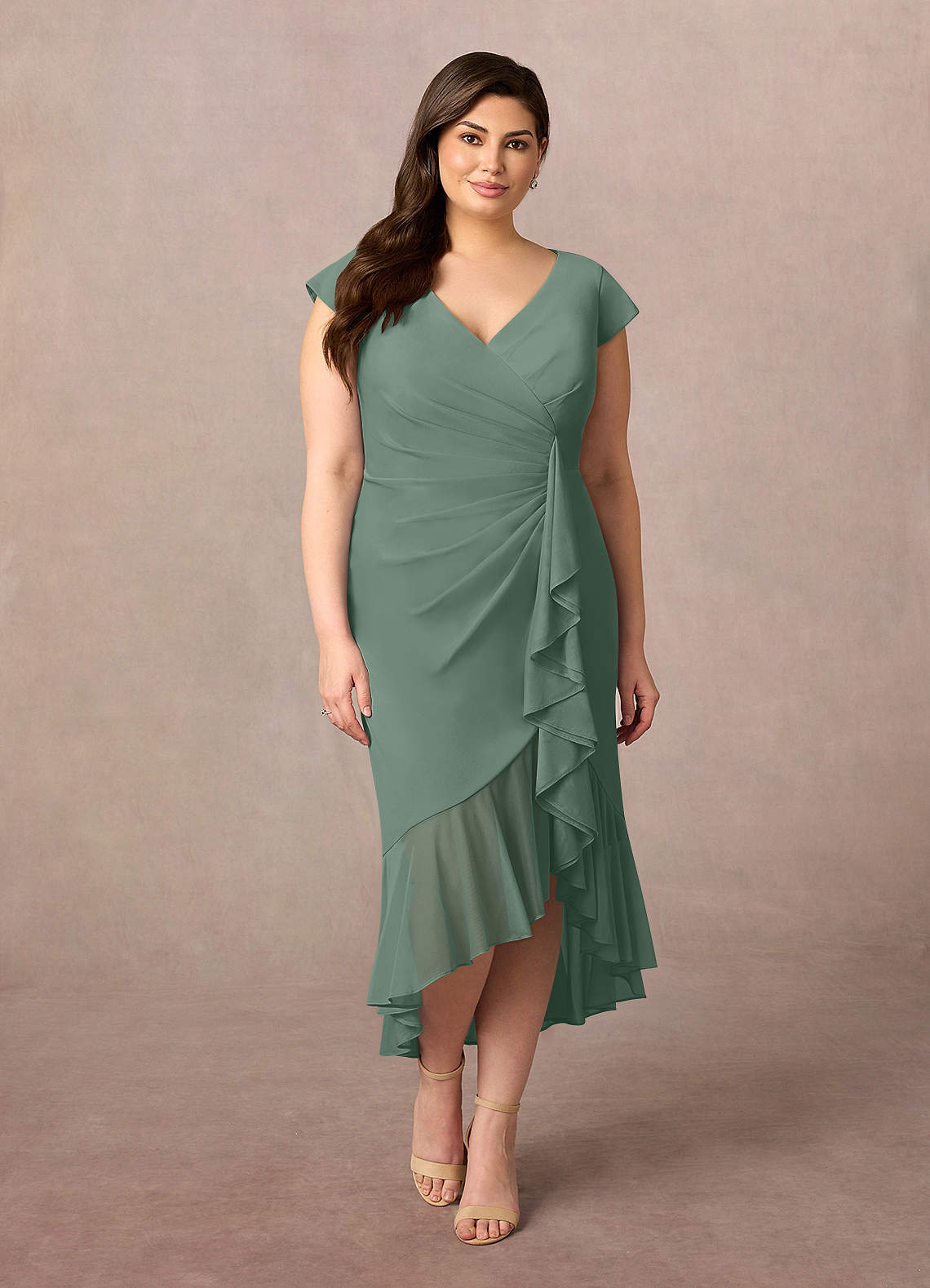 Azazie Renetta Eucalyptus Sheath V Neck Pleated Mesh Dress Azazie
