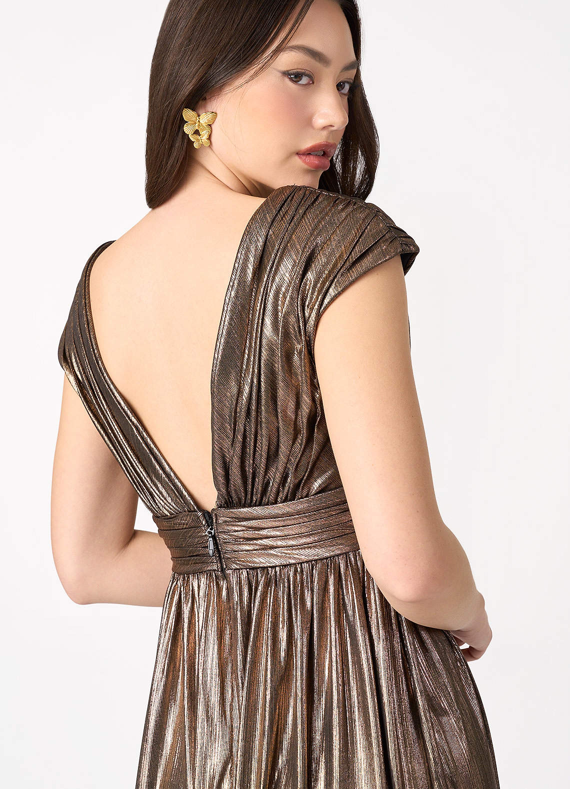 Cara Bronze Pleated Maxi Dress Atelier Dresses | Azazie