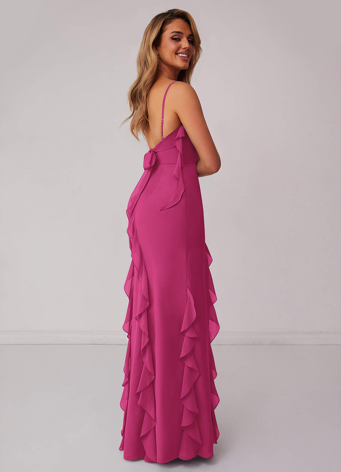 Barbie™ Pink Chiffon Ruffle Column Dress with Leg Slit Bridesmaid ...