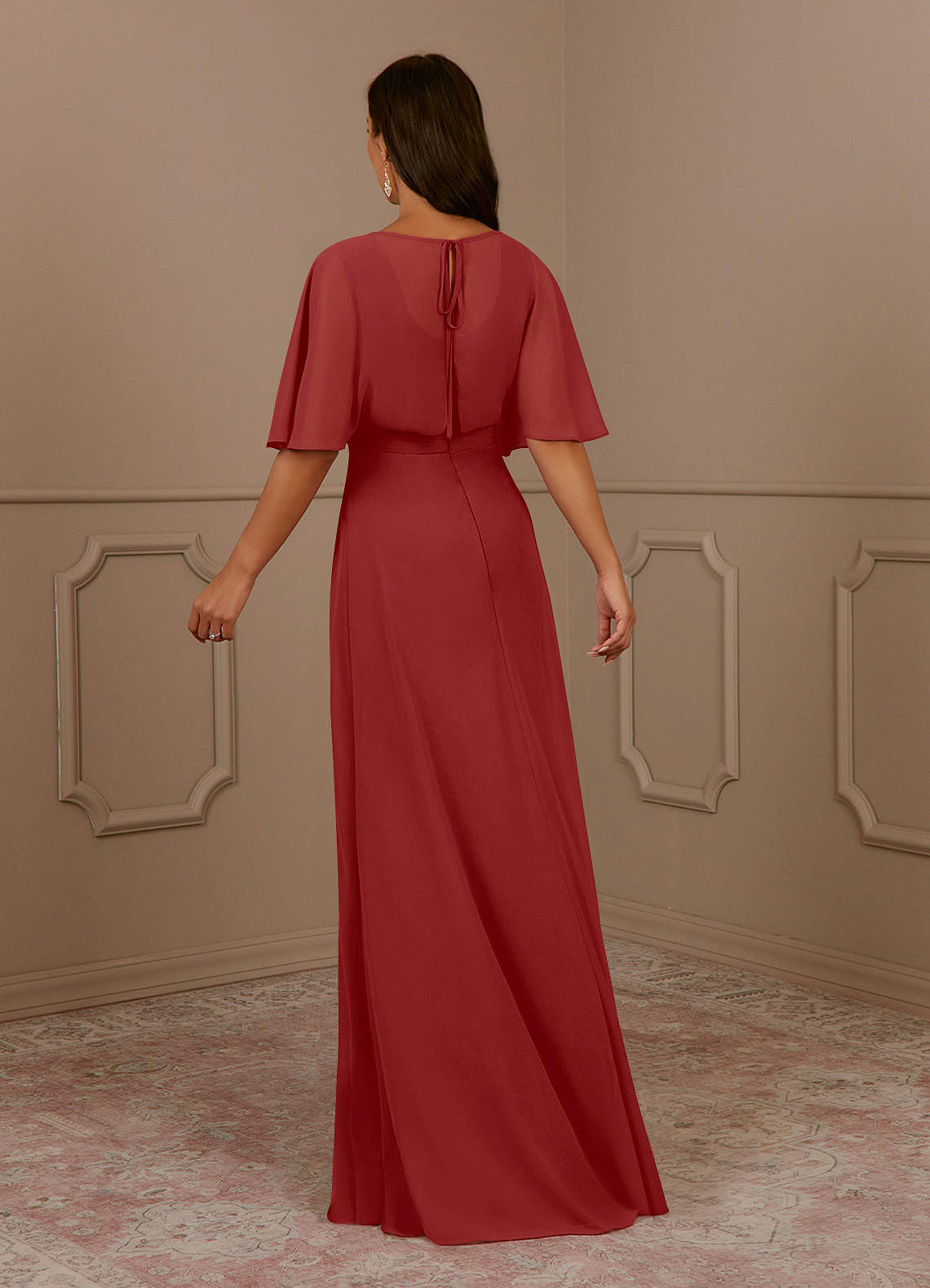 Azazie Oksana Rust A-Line V-Neck Pleated Chiffon Dress | Azazie