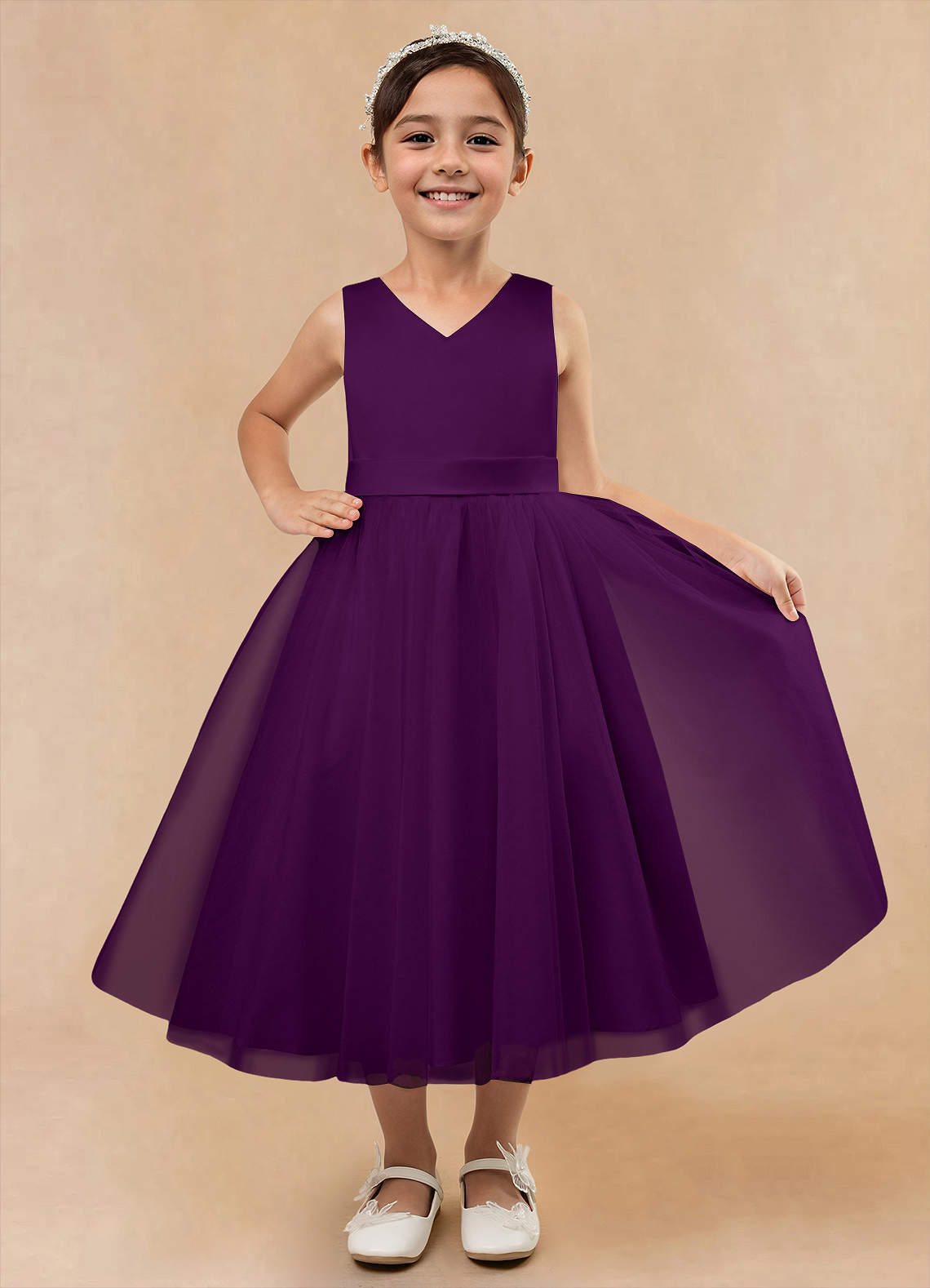 Grape Azazie Marlee A-Line Pleated Matte Satin Tea-Length Dress | Azazie