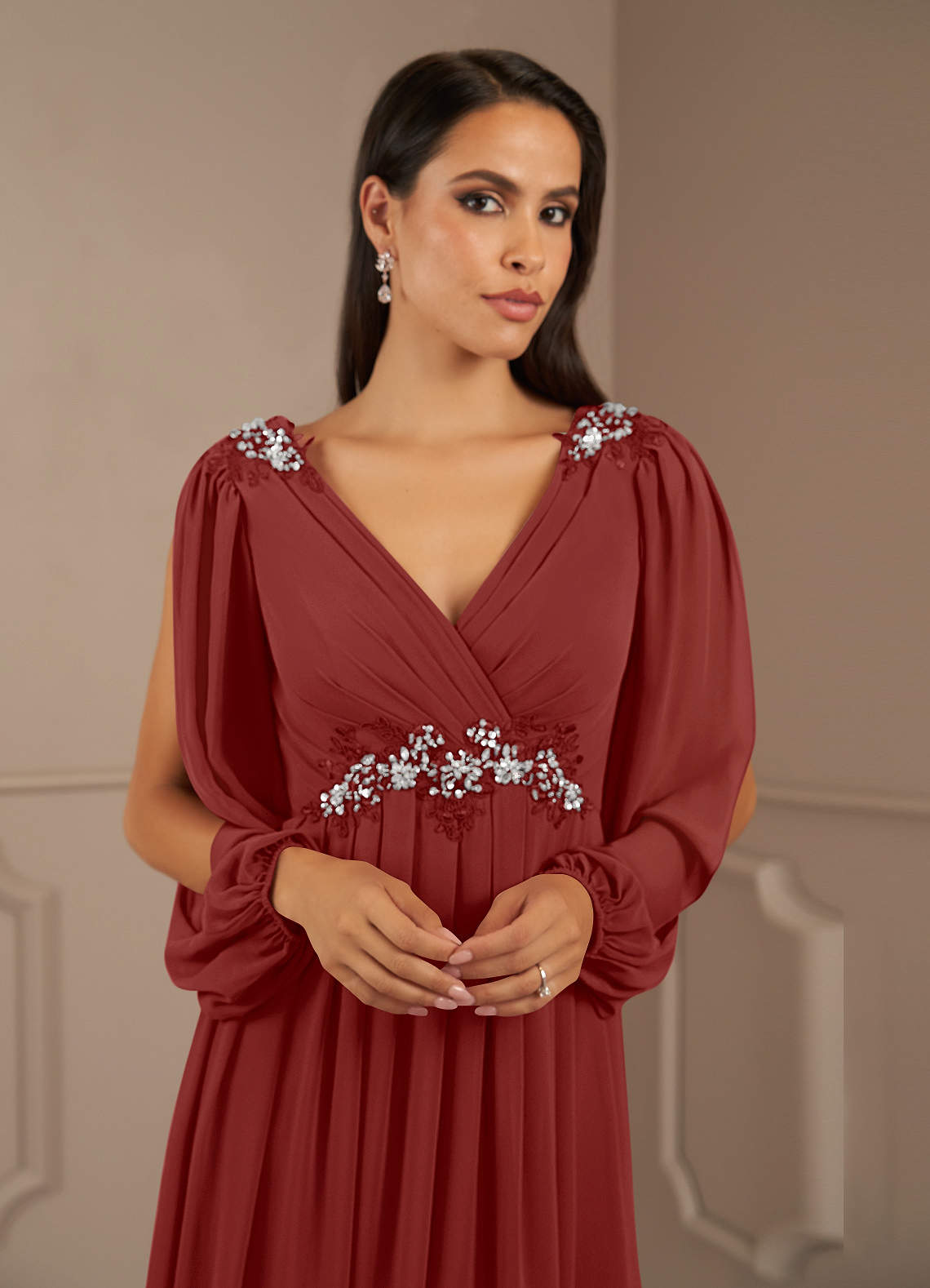 Rust Azazie Gypsy Rust A-Line V-Neck Sequins Chiffon Dress | Azazie