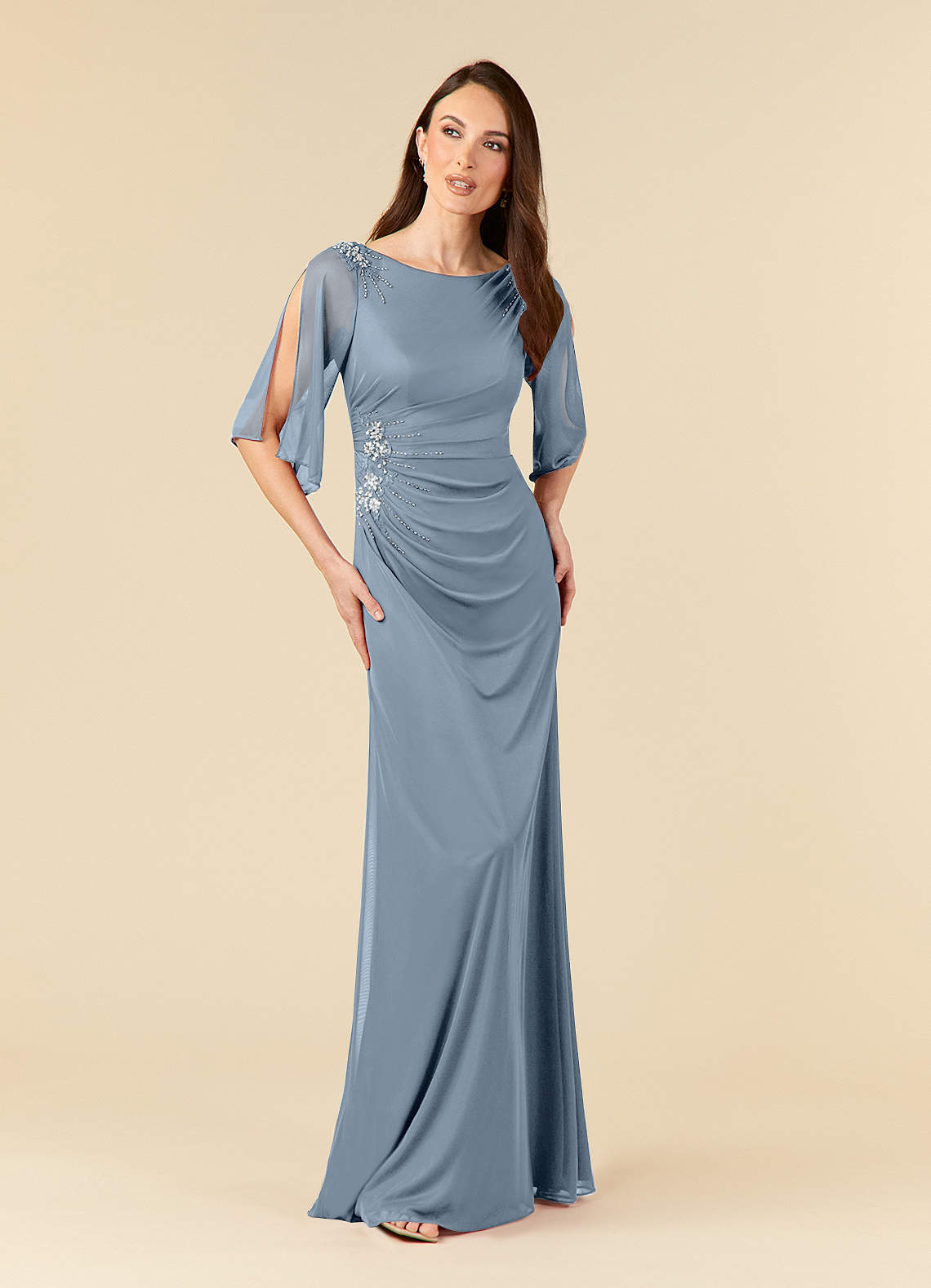 Dusty Blue Azazie Magdalene Sheath Sequins Mesh Floor Length Dress Azazie