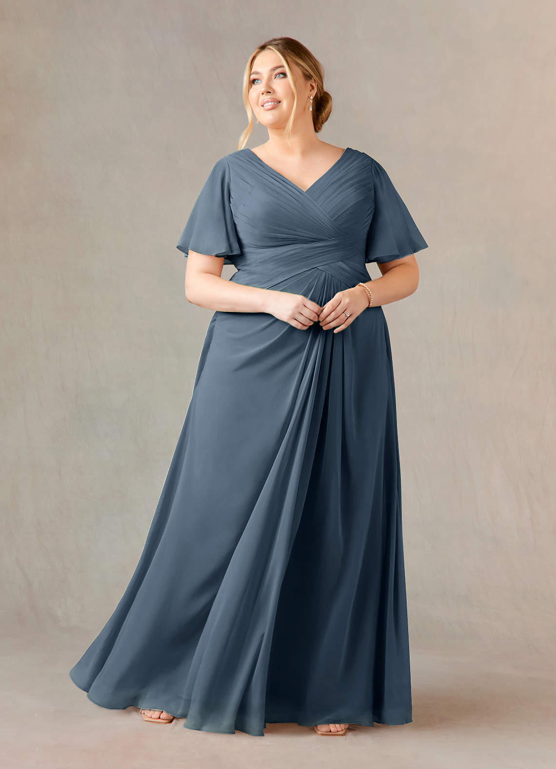 Azazie Morning Glory Neptune A-Line V-Neck Ruched Chiffon Dress | Azazie